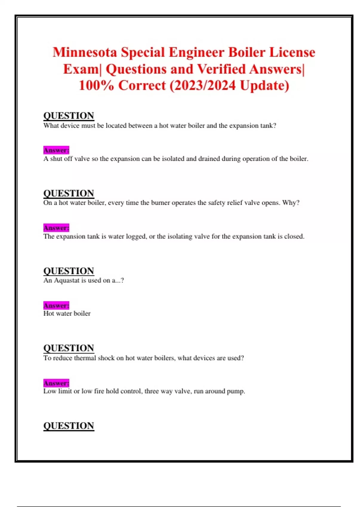 Minnesota Special Engineer Boiler License Exam| Questions and Verified ...