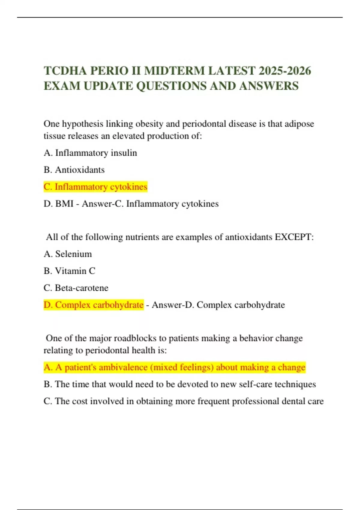 TCDHA PERIO II MIDTERM LATEST EXAM UPDATE QUESTIONS AND ANSWERS - TCDHA ...