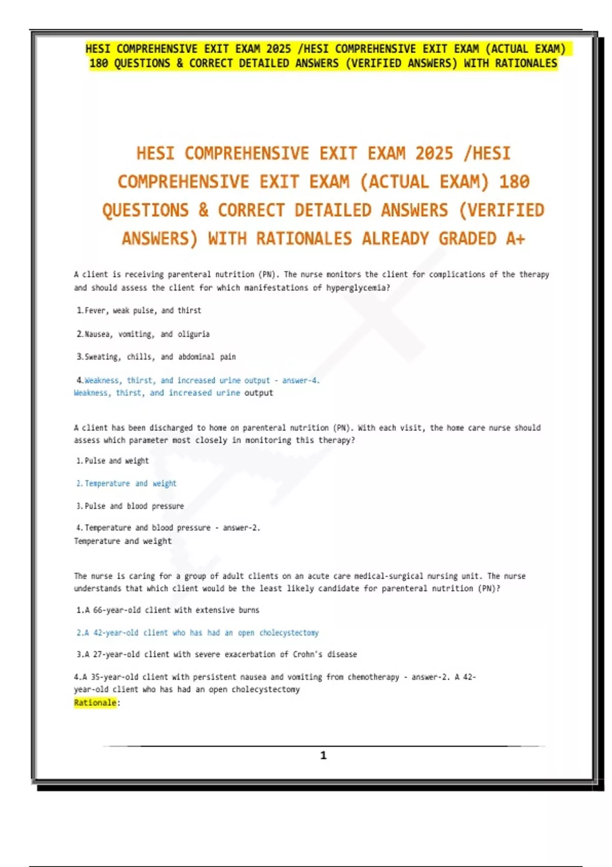 HESI COMPREHENSIVE EXIT EXAM 2025 /HESI COMPREHENSIVE EXIT EXAM (ACTUAL EXAM) 180 QUESTIONS ...