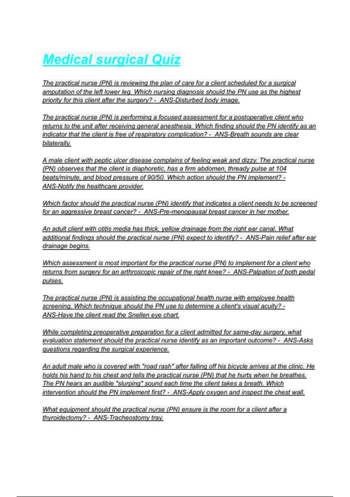 Medical surgical Quiz Questions and Answers 2025/2026( A+ GRADED 100% ...