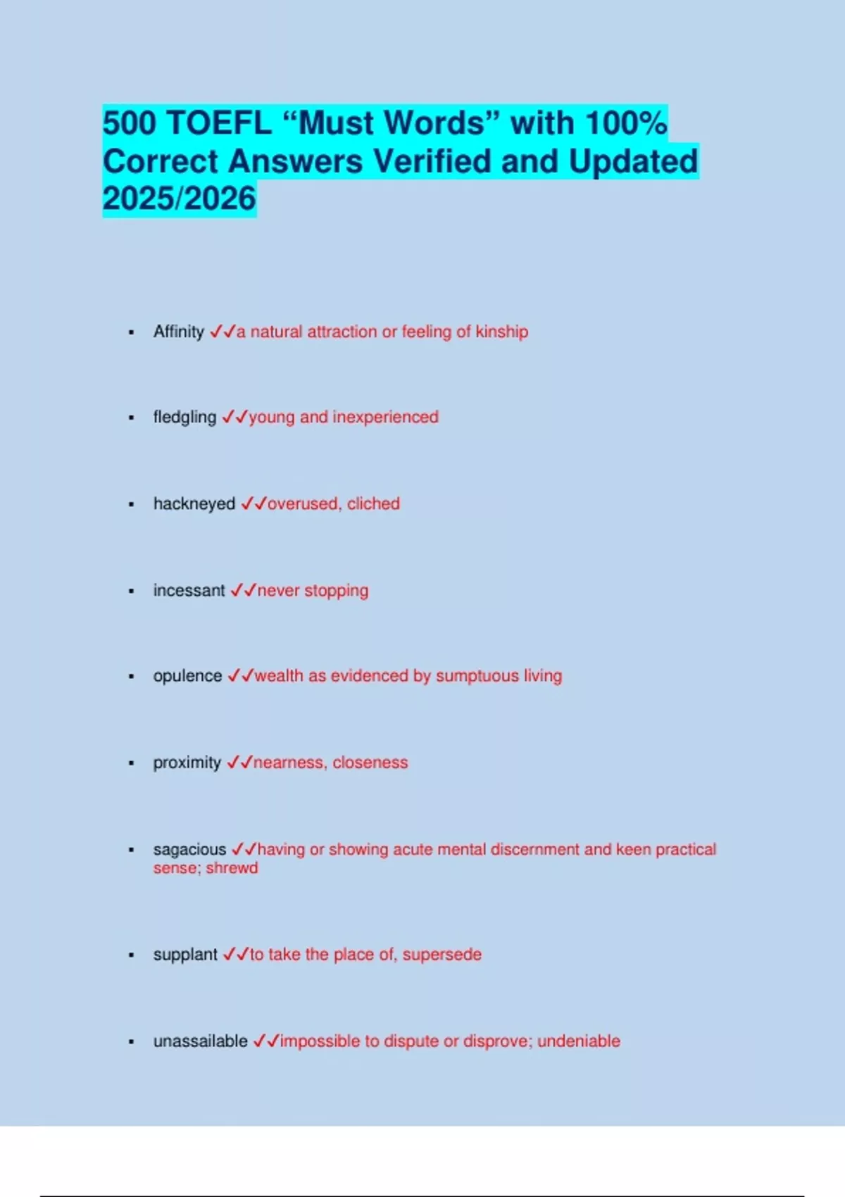 500 TOEFL “Must Words” with 100% Correct Answers Verified and Updated ...