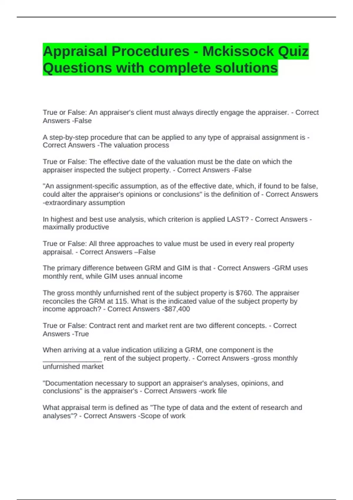 Appraisal Procedures - Mckissock Quiz Questions with complete solutions ...