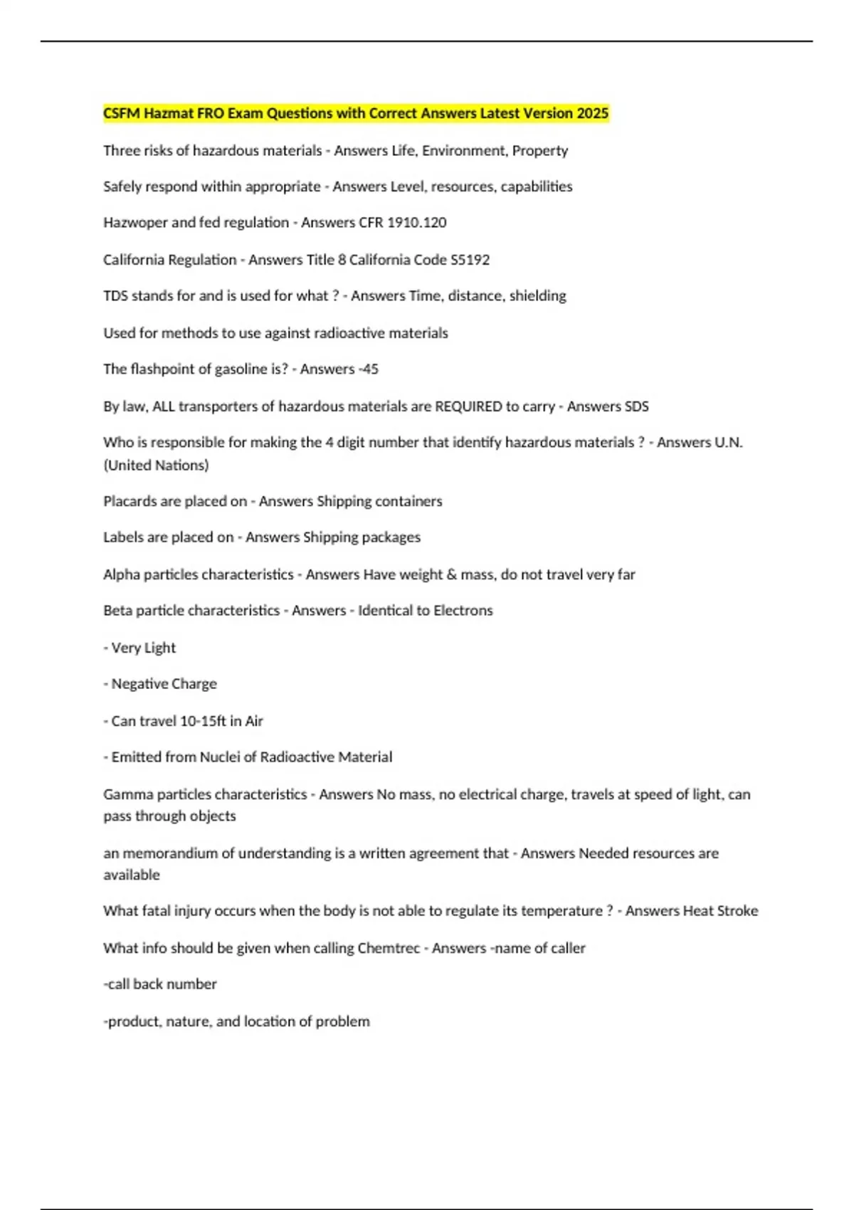 CSFM Hazmat FRO Exam Questions with Correct Answers Latest Version 2025 ...