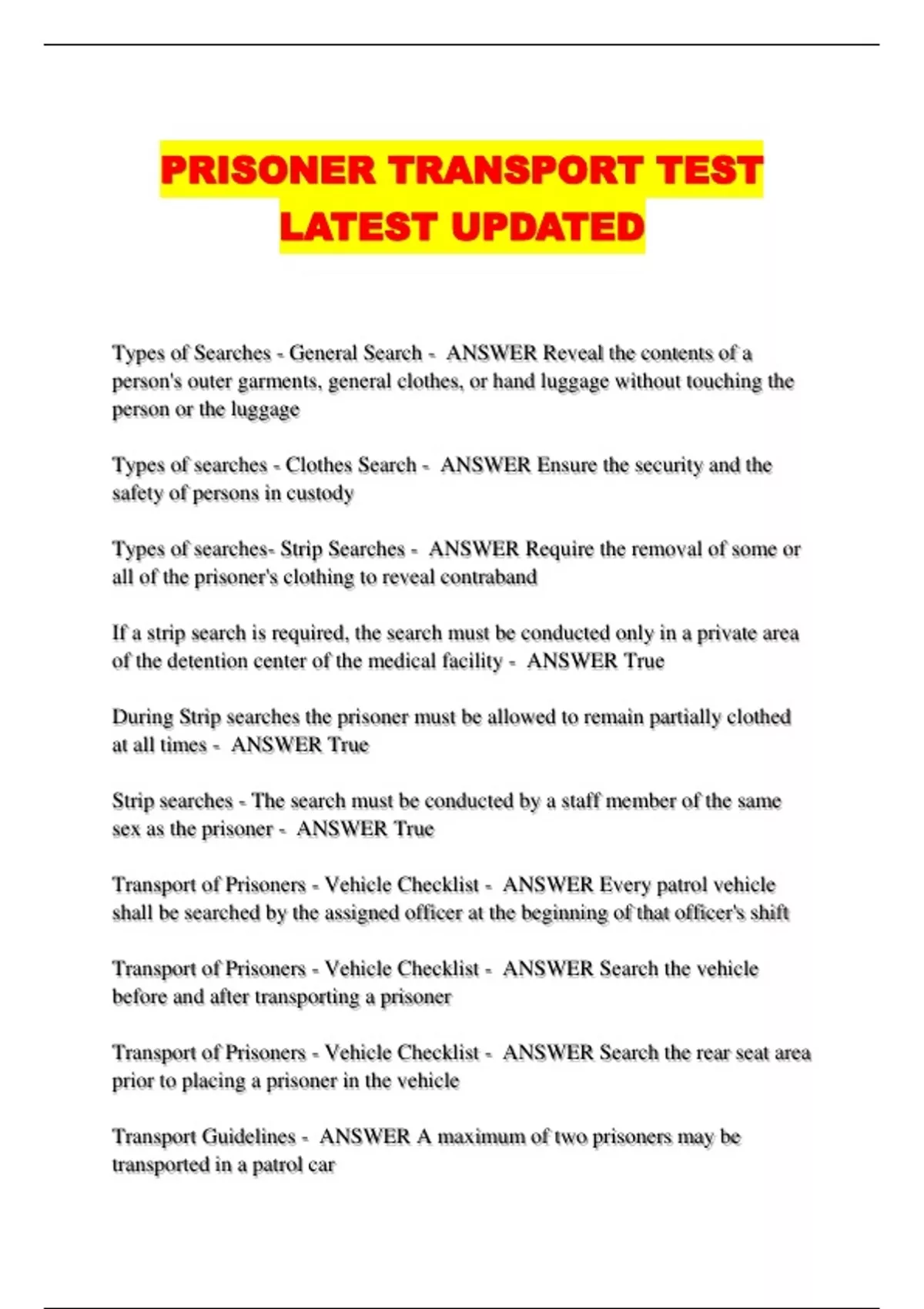 PRISONER TRANSPORT TEST LATEST UPDATED - PRISONER TRANSPORT - Stuvia US