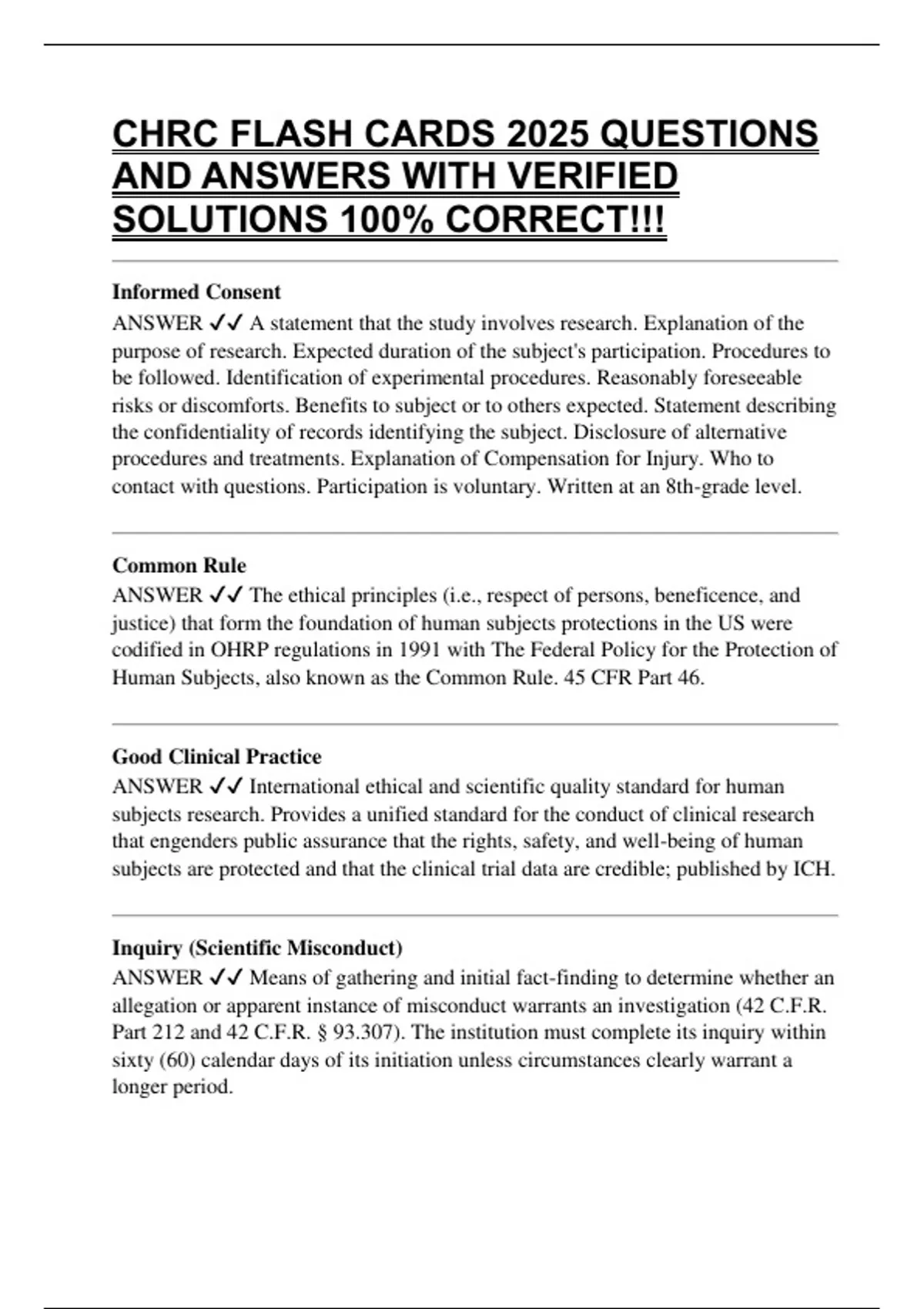 CHRC FLASH CARDS 2025 QUESTIONS AND ANSWERS WITH VERIFIED SOLUTIONS 100 ...