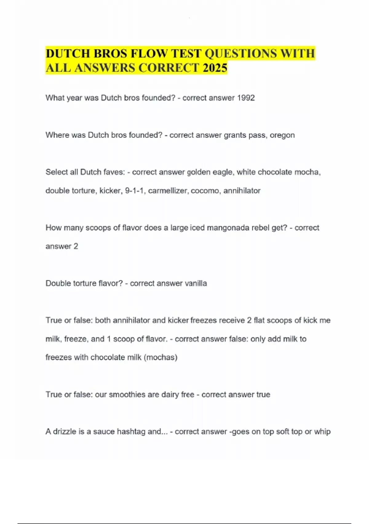 DUTCH BROS FLOW TEST QUESTIONS WITH ALL ANSWERS CORRECT 2025 - DUTCH ...