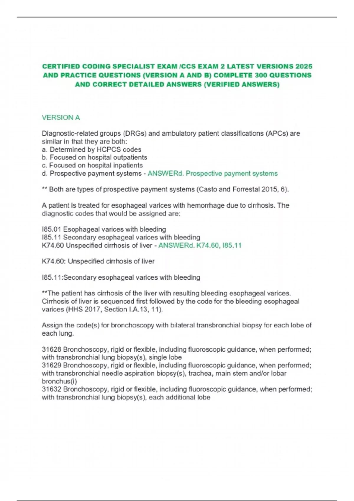 CERTIFIED CODING SPECIALIST EXAM /CCS EXAM 2 LATEST VERSIONS 2025 AND ...