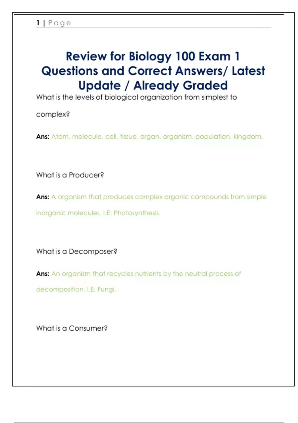 Review for Biology 100 Exam 1 Questions and Correct Answers/ Latest ...