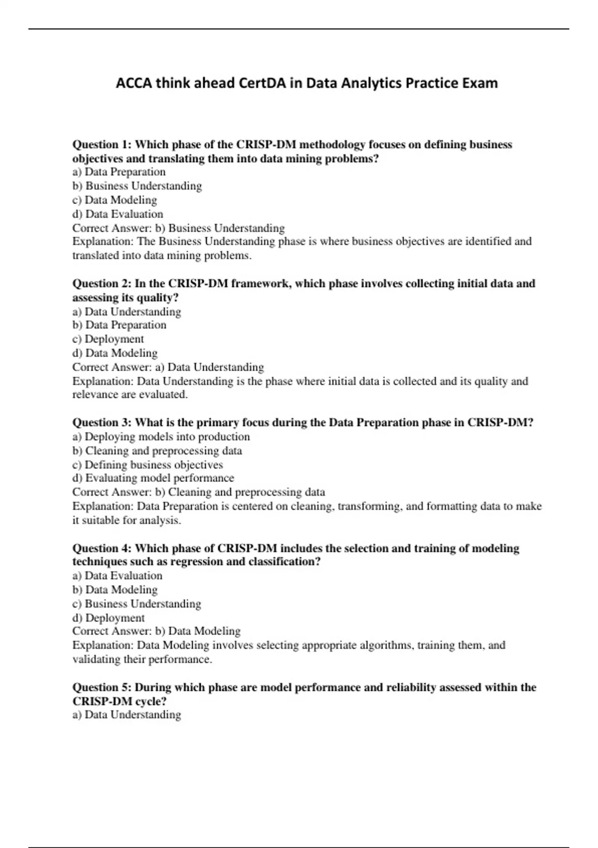 ACCA think ahead CertDA in Data Analytics Practice Exam - Computers - Stuvia US