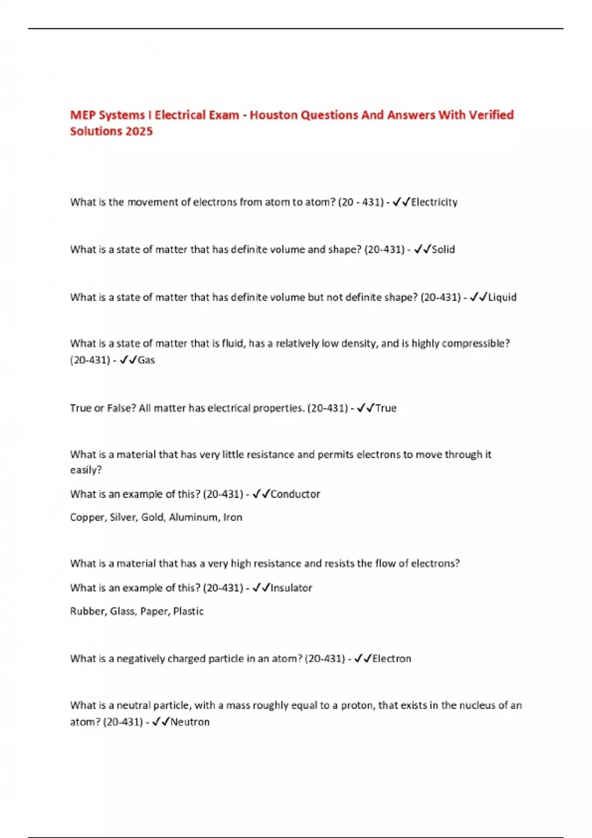 MEP Systems I Electrical Exam - Houston Questions And Answers With ...