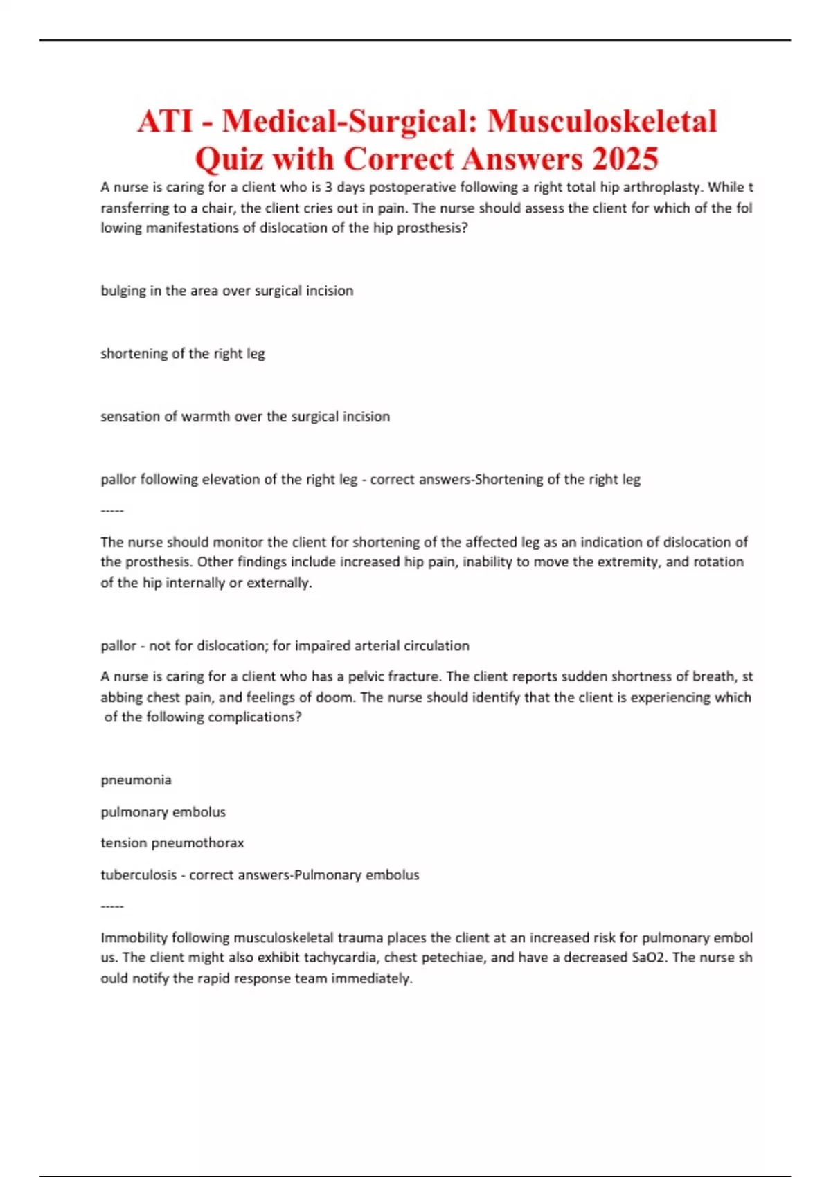 ATI - Medical-Surgical: Musculoskeletal Quiz with Correct Answers 2025 ...