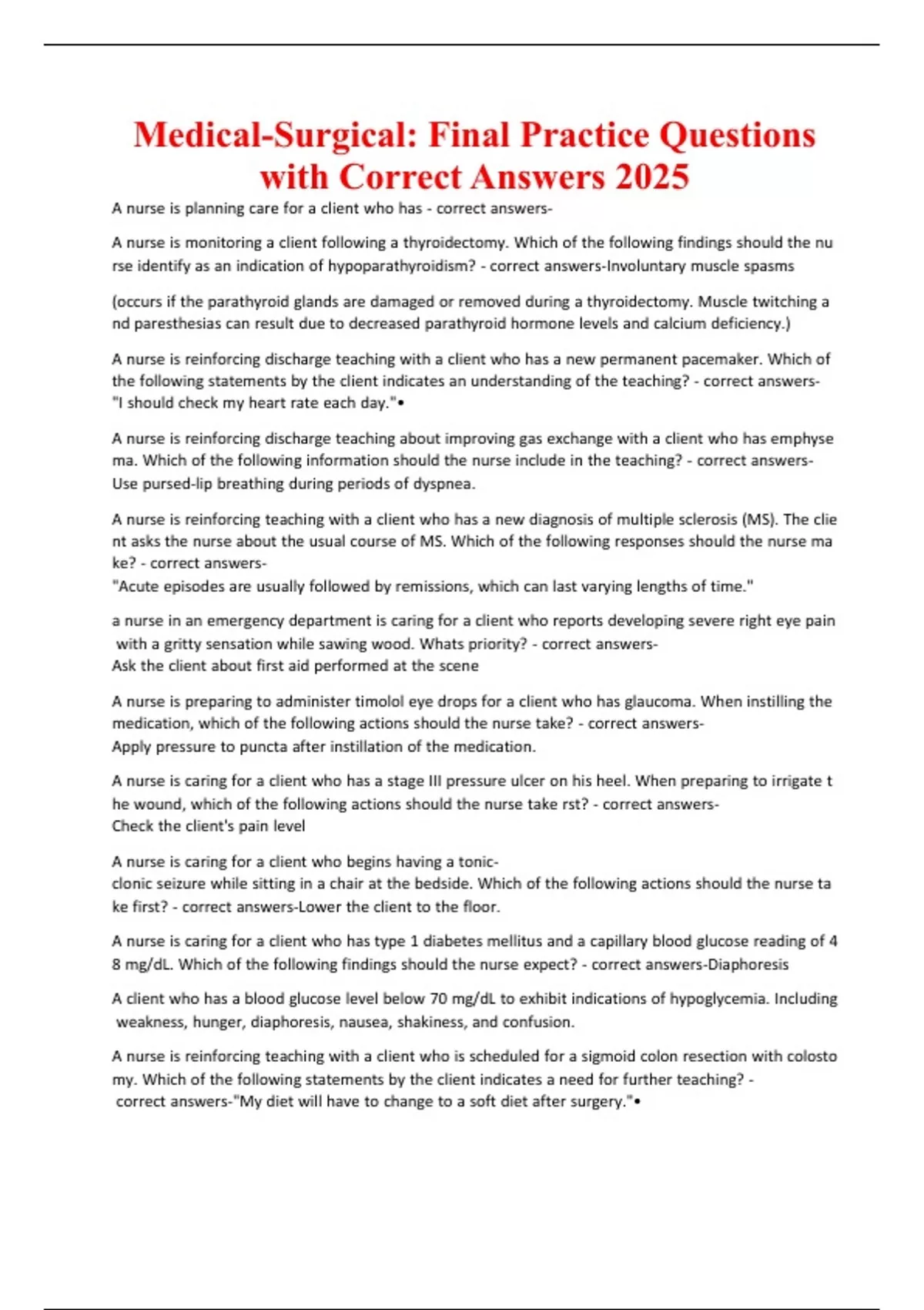 Medical-Surgical: Final Practice Questions with Correct Answers 2025 - RN ATI MEDICAL SURGICAL ...