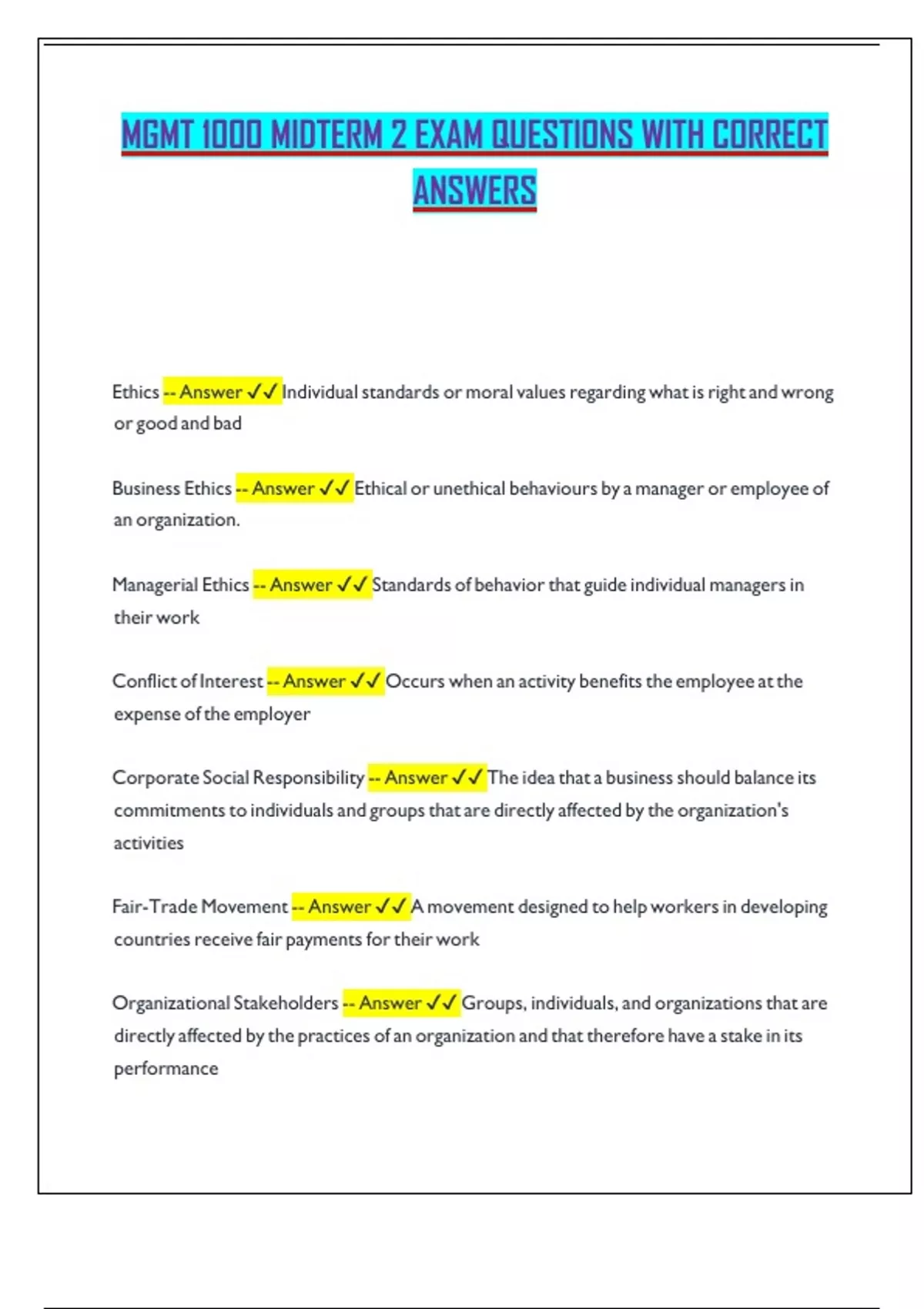 MGMT 1000 MIDTERM 2 EXAM QUESTIONS WITH CORRECT ANSWERS. - MGMT 1000 ...