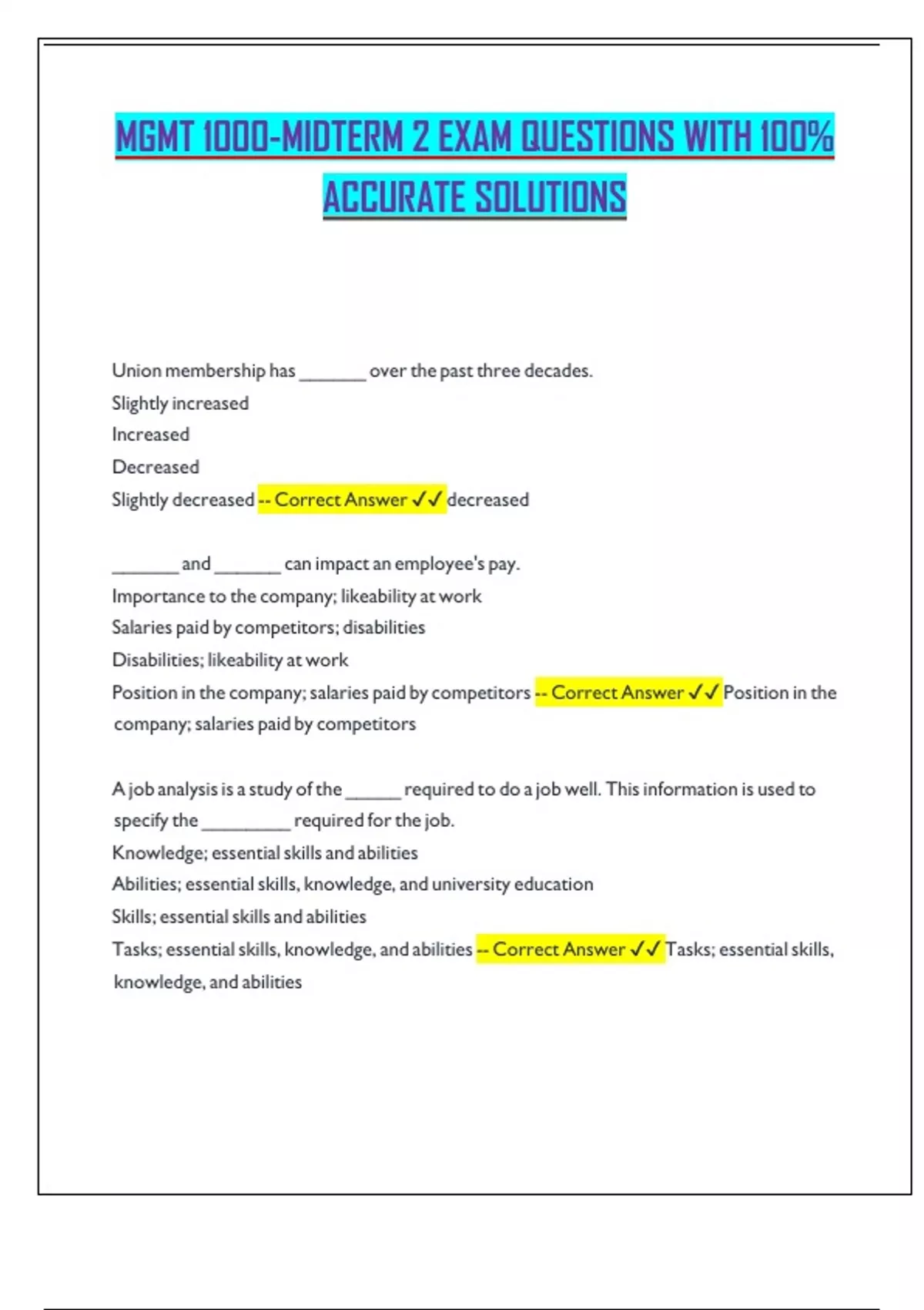 MGMT 1000-MIDTERM 2 EXAM QUESTIONS WITH 100% ACCURATE SOLUTIONS - MGMT ...