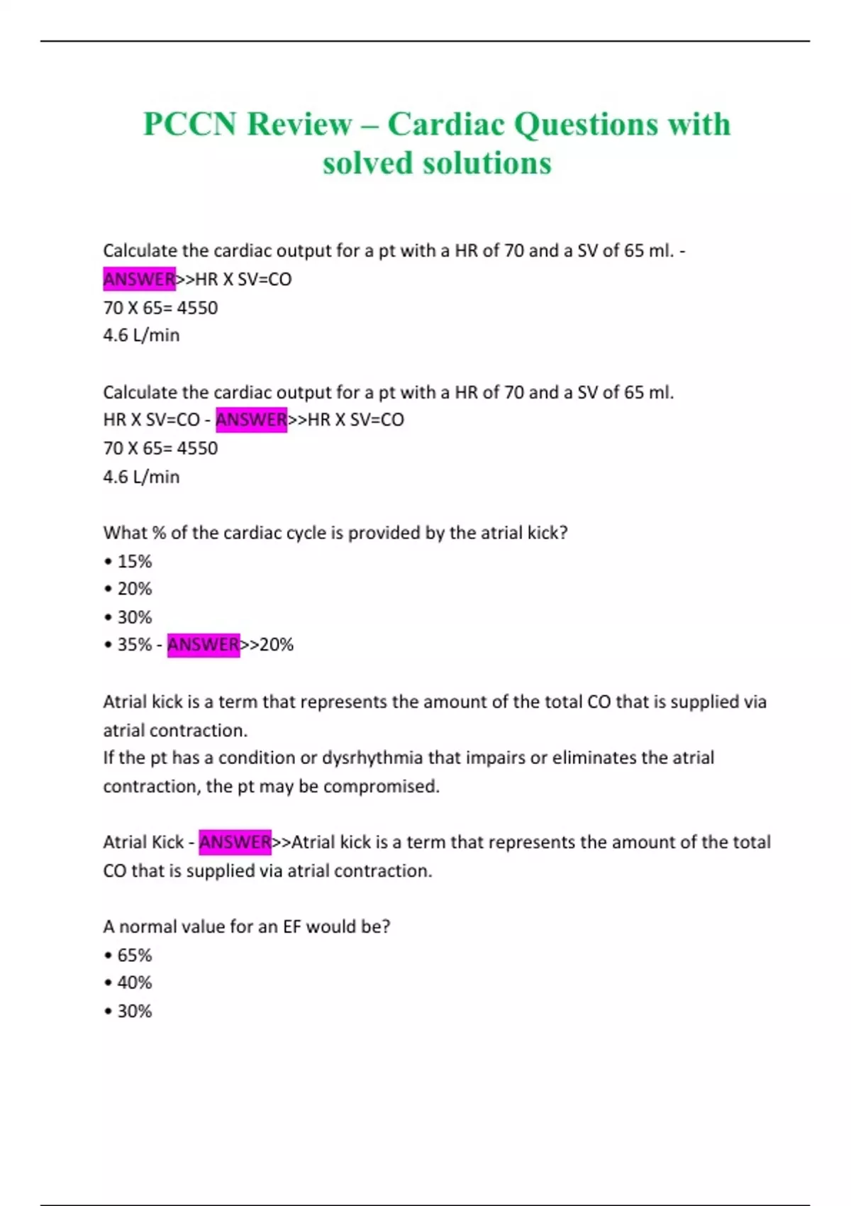 PCCN Exam Questions With Solved Solutions - CNM - Certified Nurse ...