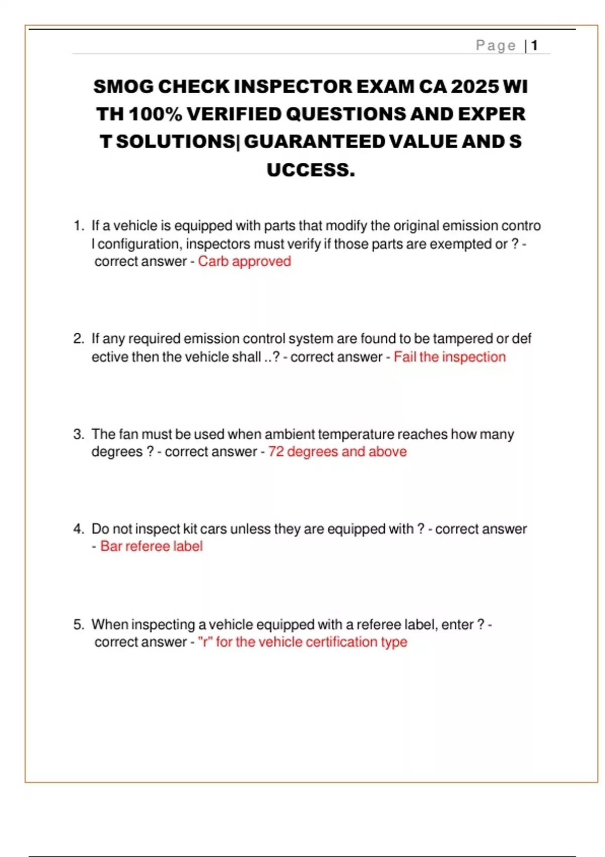 SMOG CHECK INSPECTOR EXAM CAT 2025 WITH 100% VERIFIEDT QUESTIONST AND ...