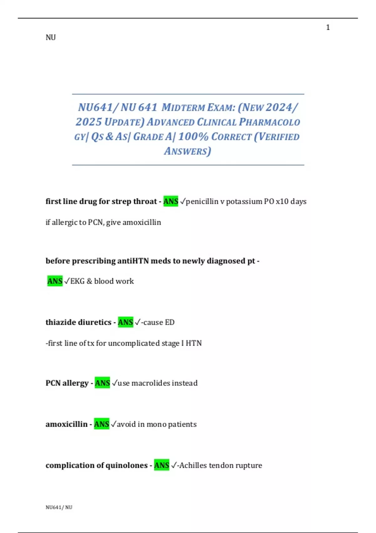 Midterm Exam: NU641/ NU 641 (New 2024/ 2025 Update) Advanced Clinical ...
