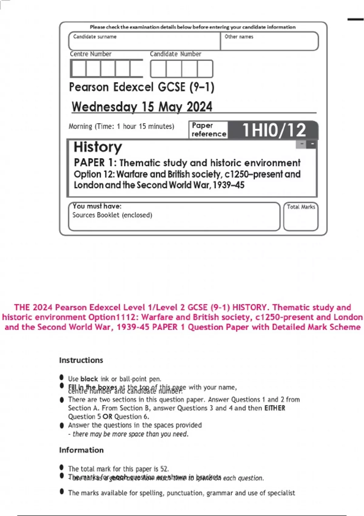 THE 2024 Pearson Edexcel Level 1/Level 2 GCSE (9–1) HISTORY. Thematic ...