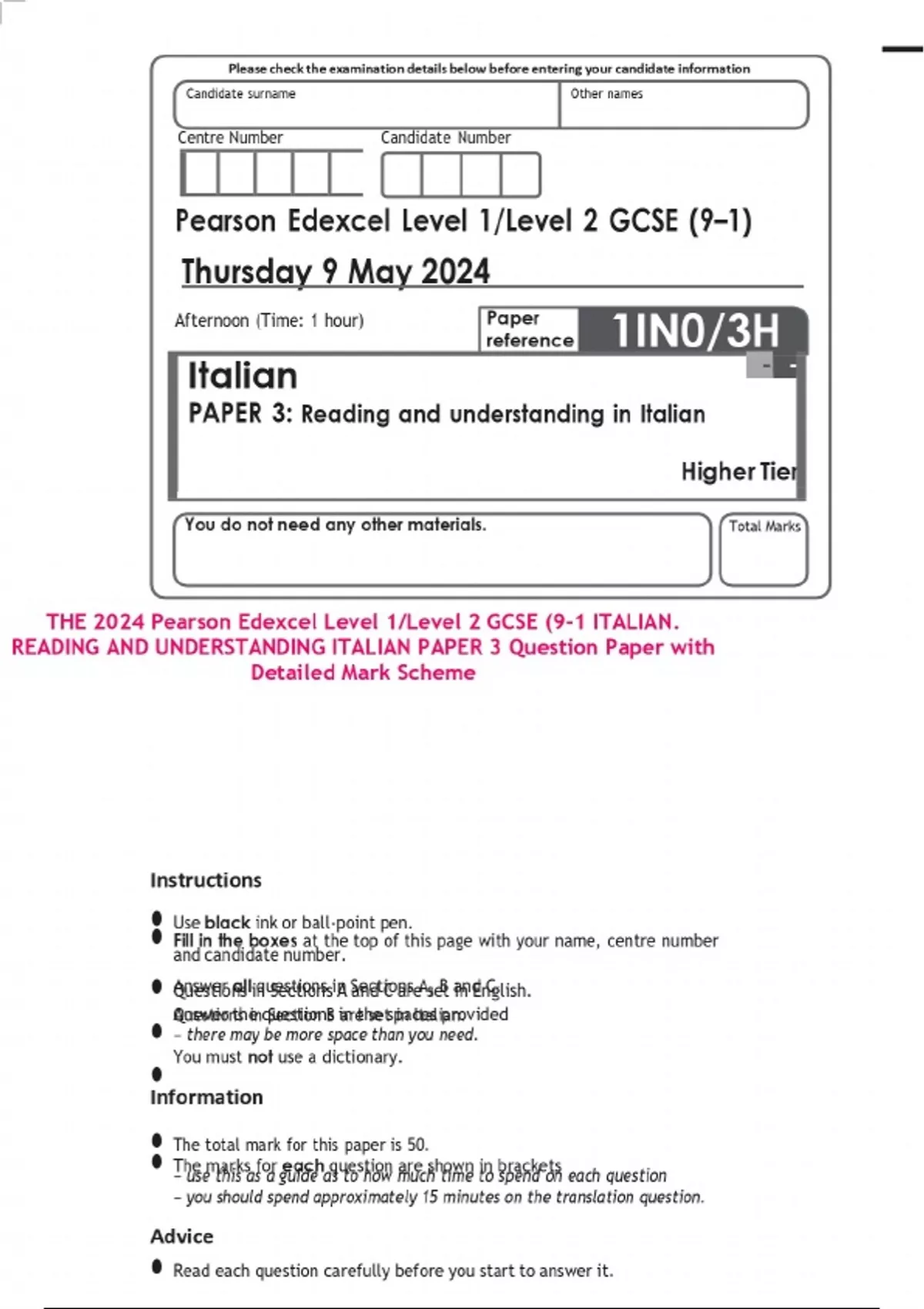 THE 2024 Pearson Edexcel Level 1/Level 2 GCSE (9-1 ITALIAN. READING AND ...