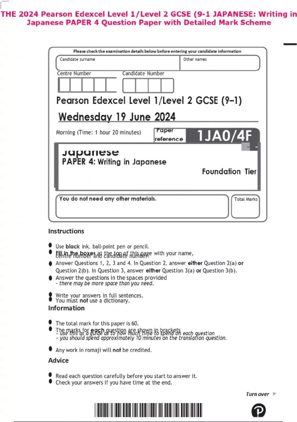 THE 2024 Pearson Edexcel Level 1/Level 2 GCSE (9-1 JAPANESE: Writing in ...