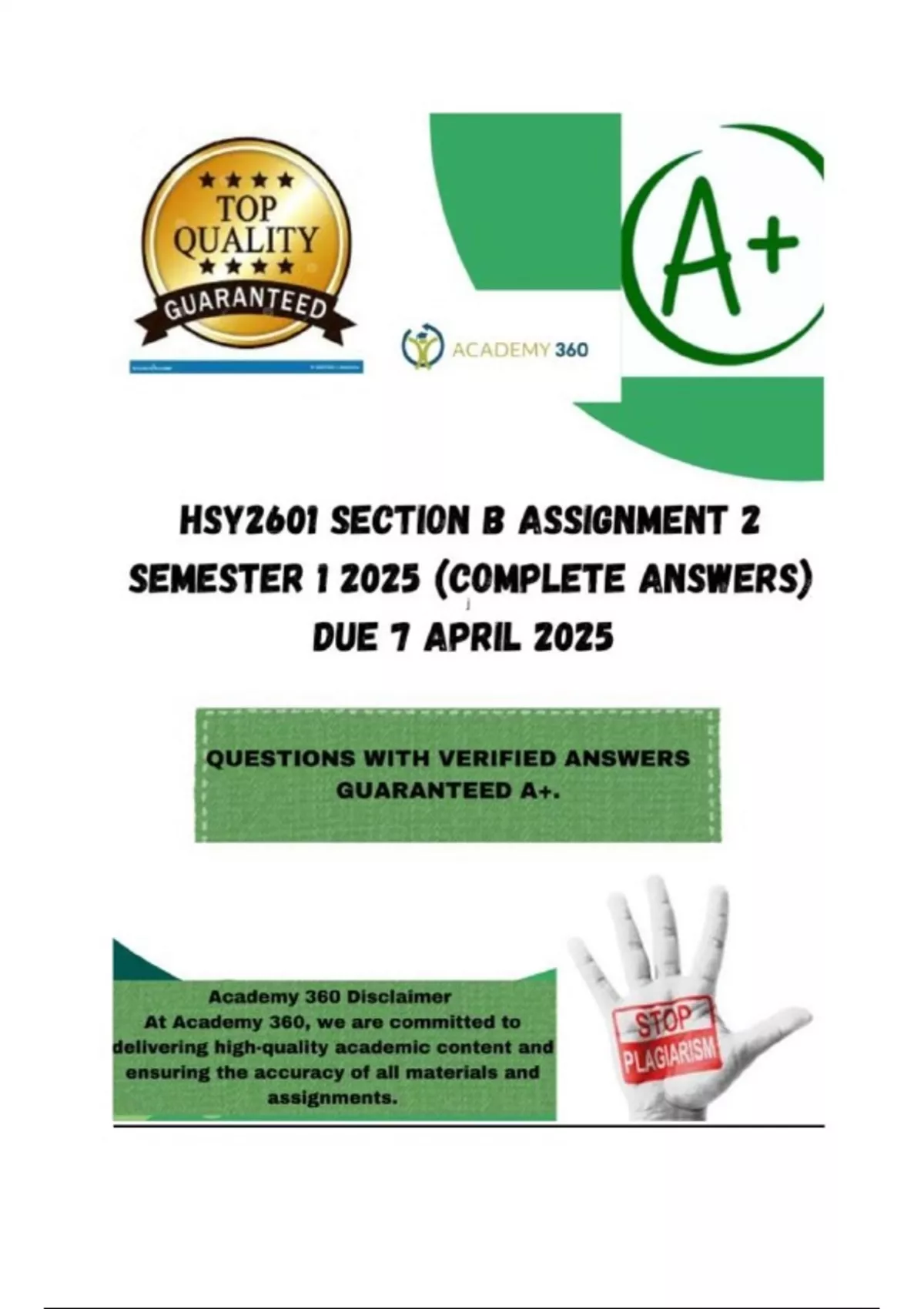 HSY2601 Section B Assignment 2 Semester 1 2025 (COMPLETE ANSWERS) ,;Due ...