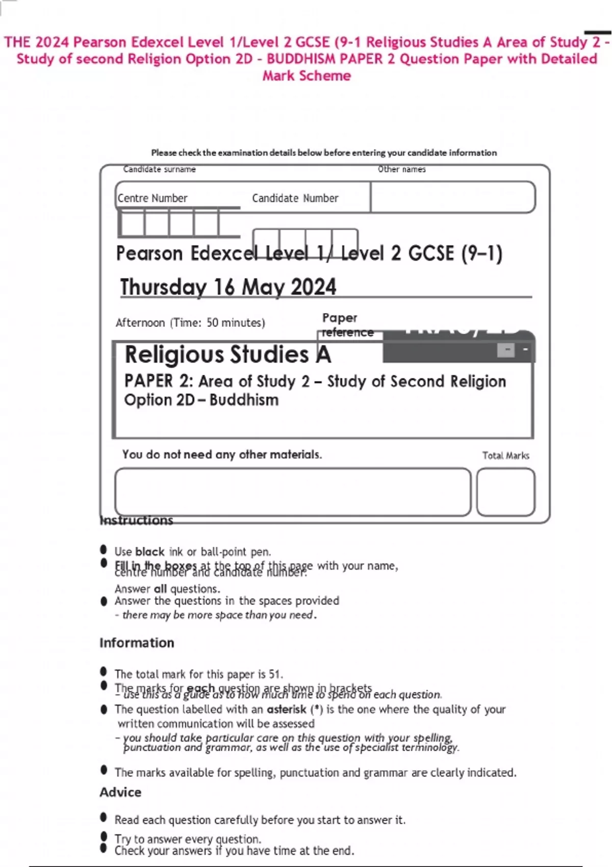 THE 2024 Pearson Edexcel Level 1/Level 2 GCSE (9-1 Religious Studies A ...