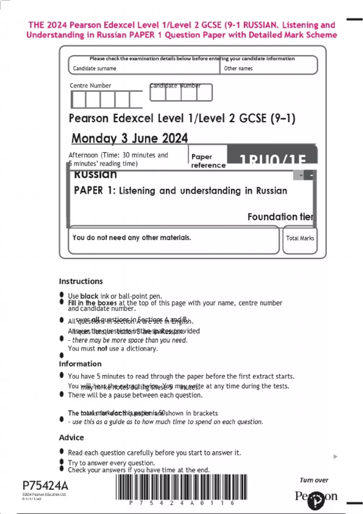 THE 2024 Pearson Edexcel Level 1/Level 2 GCSE (9-1 RUSSIAN. Listening ...