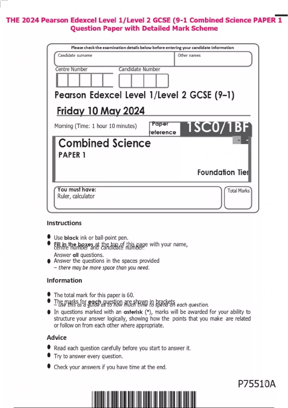 THE 2024 Pearson Edexcel Level 1/Level 2 GCSE (9-1 Combined Science ...