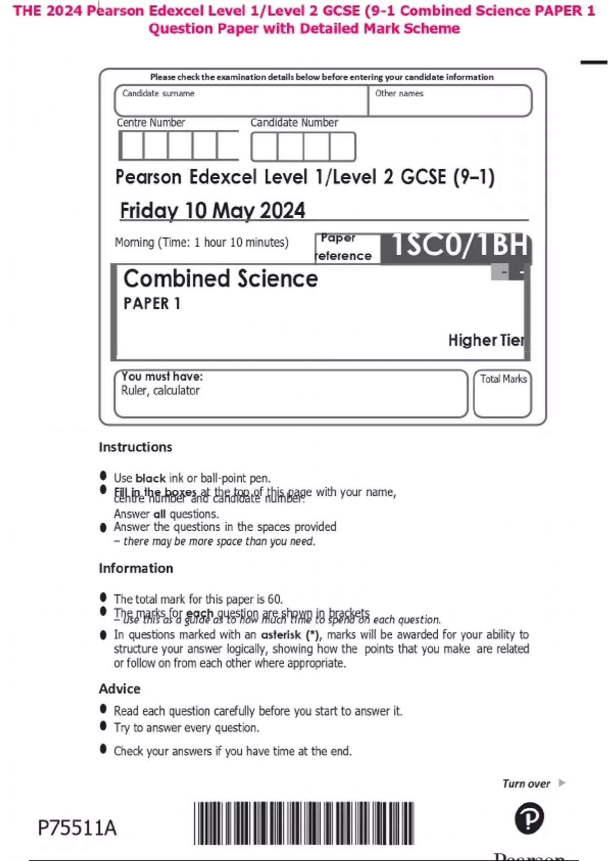 THE 2024 Pearson Edexcel Level 1/Level 2 GCSE (9-1 Combined Science ...