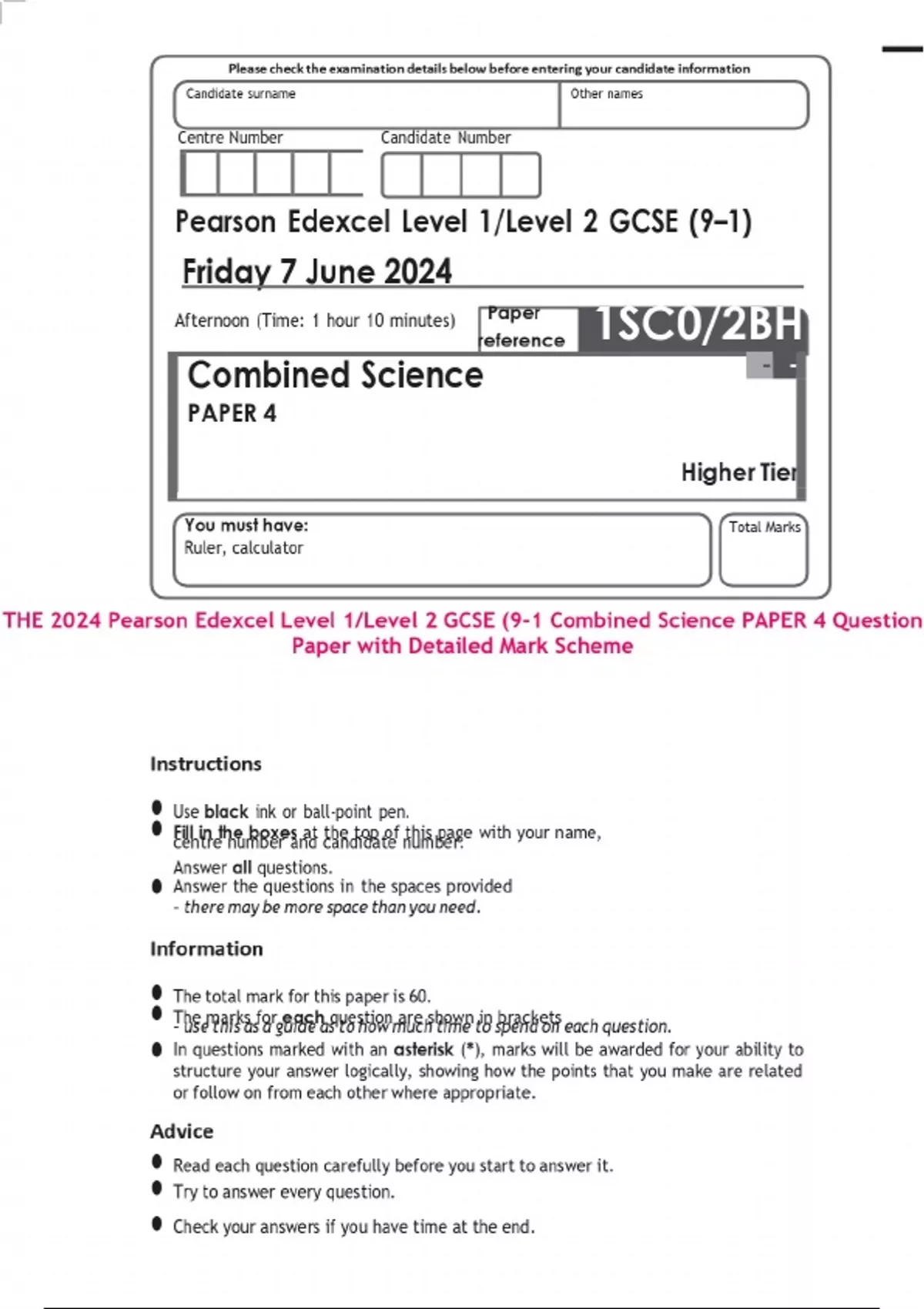 THE 2024 Pearson Edexcel Level 1/Level 2 GCSE (9-1 Combined Science ...