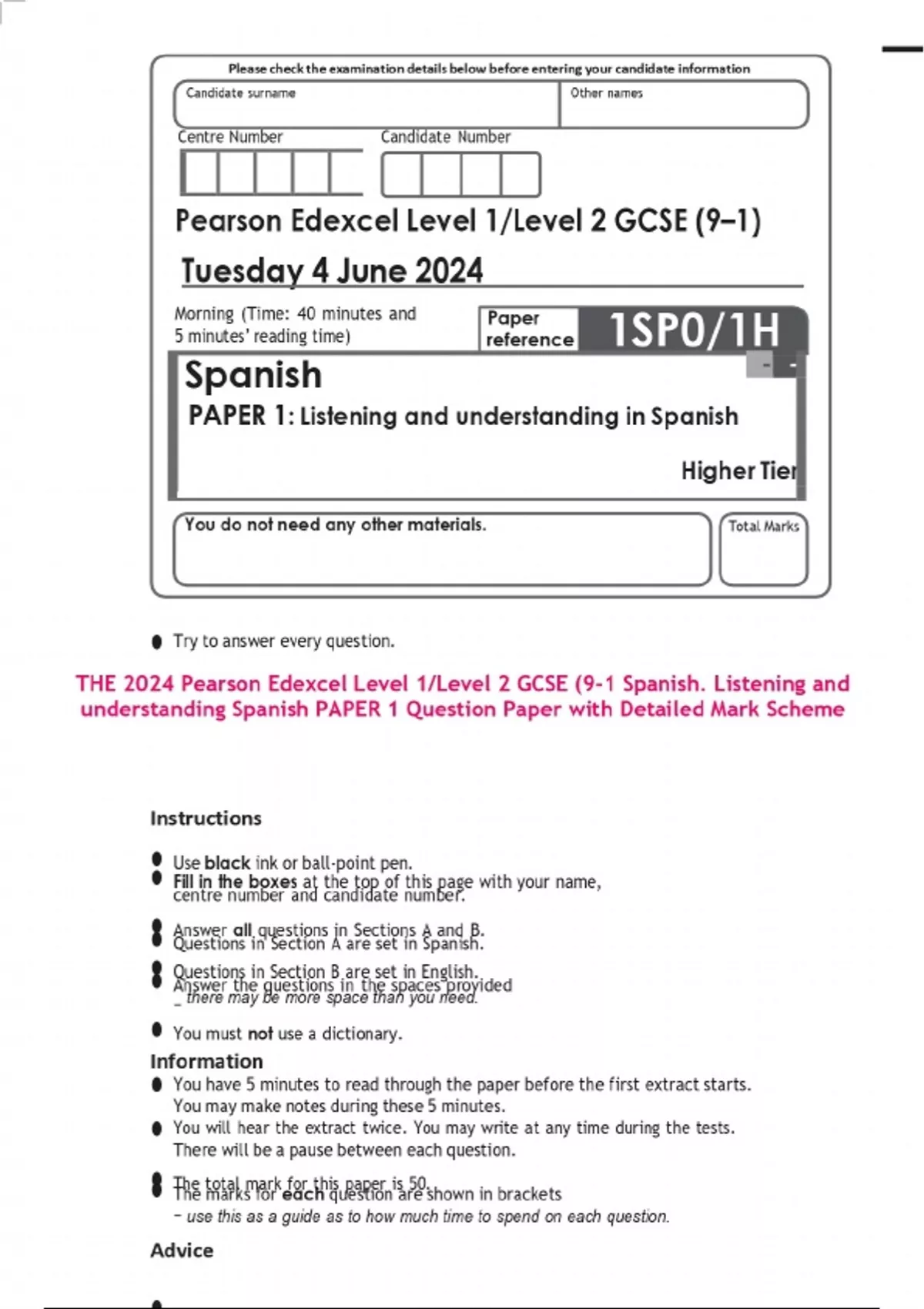 THE 2024 Pearson Edexcel Level 1/Level 2 GCSE (9-1 Spanish. Listening ...