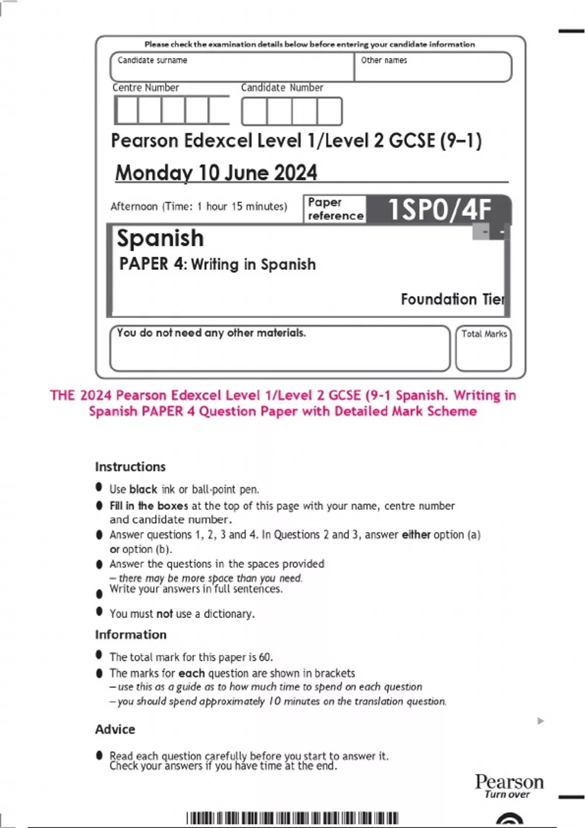 THE 2024 Pearson Edexcel Level 1/Level 2 GCSE (9-1 Spanish. Writing in Spanish PAPER 4 Question ...