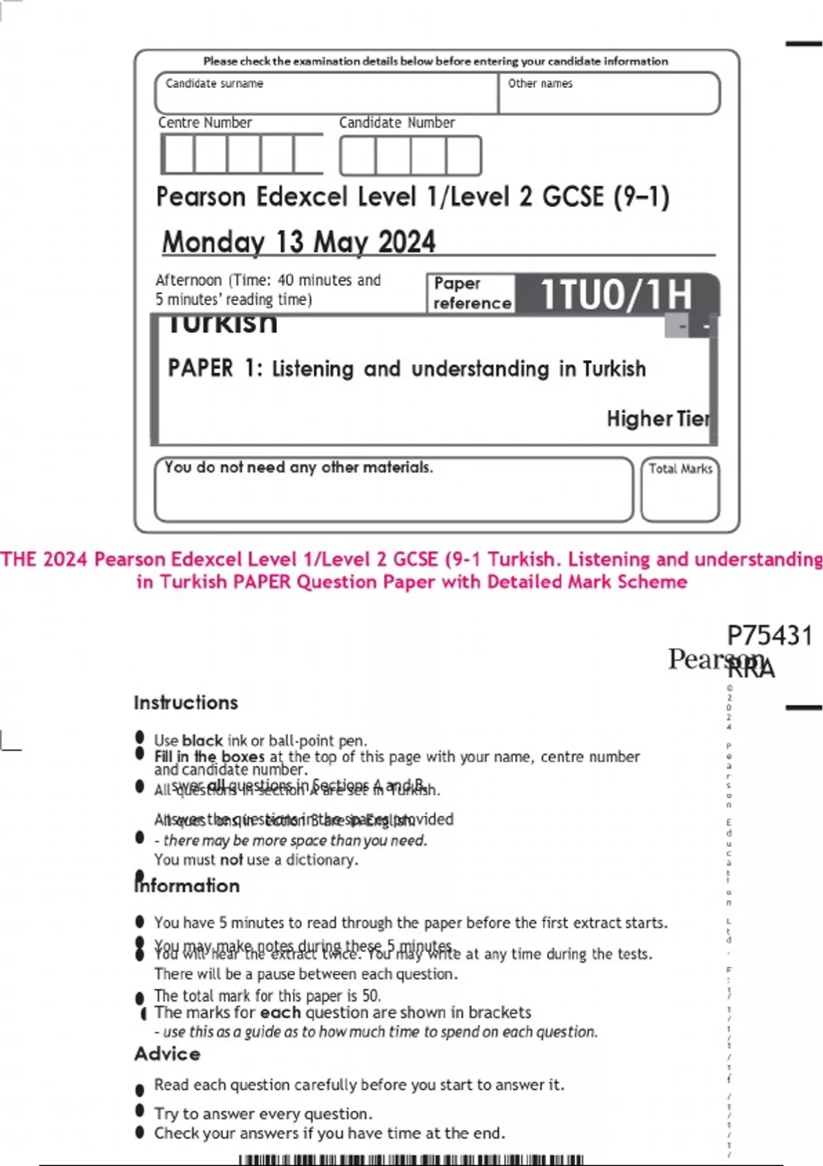 THE 2024 Pearson Edexcel Level 1/Level 2 GCSE (9-1 Turkish. Listening ...