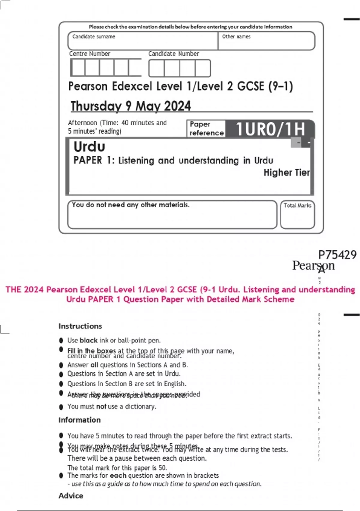 THE 2024 Pearson Edexcel Level 1/Level 2 GCSE (9-1 Urdu. Listening and ...