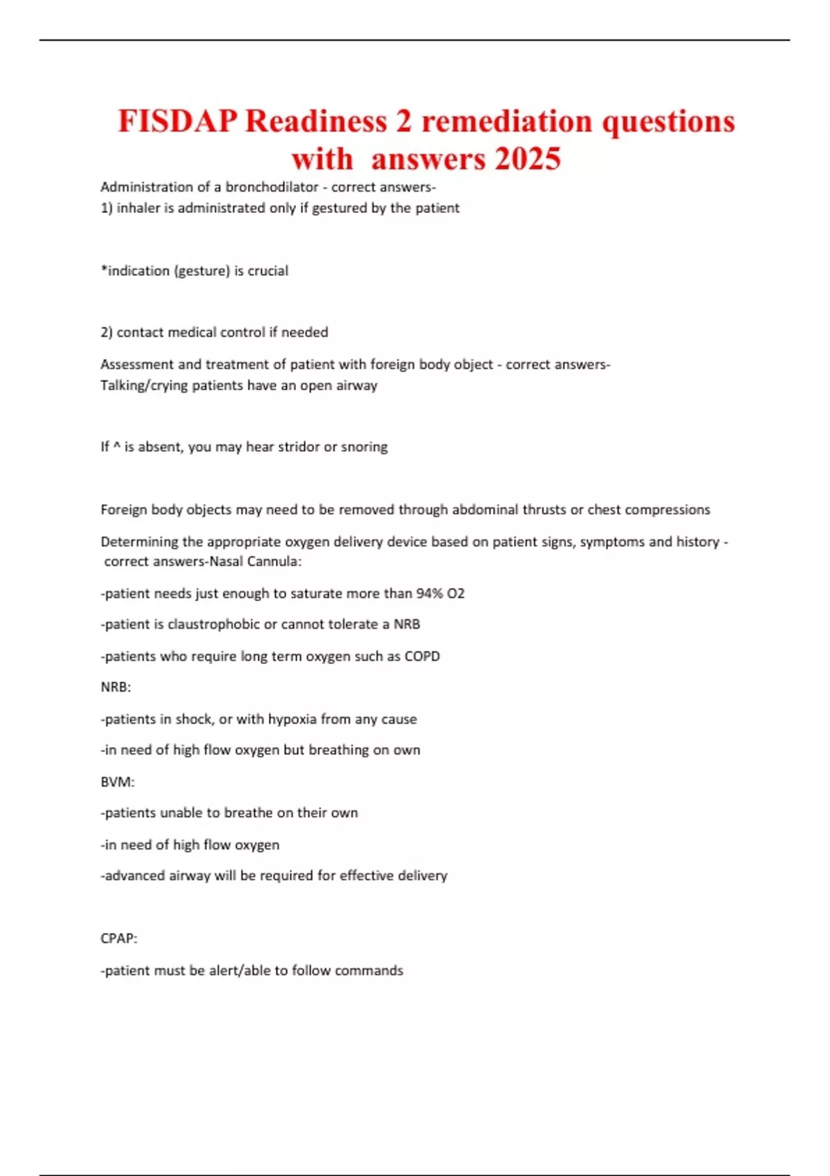 FISDAP Readiness 2 remediation questions with answers 2025 - EMT-B ...