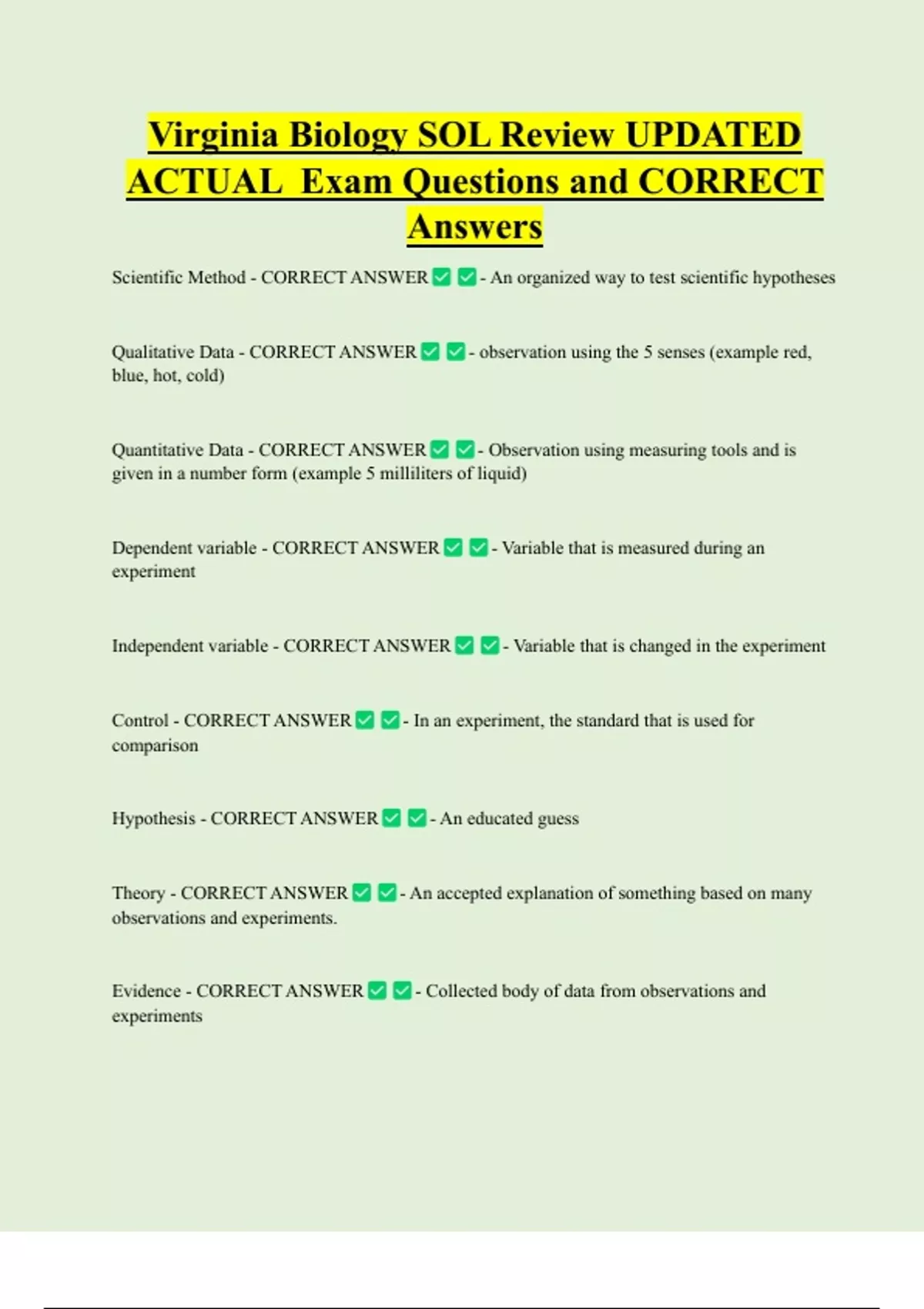 Virginia Biology SOL Review UPDATED ACTUAL Exam Questions and CORRECT ...