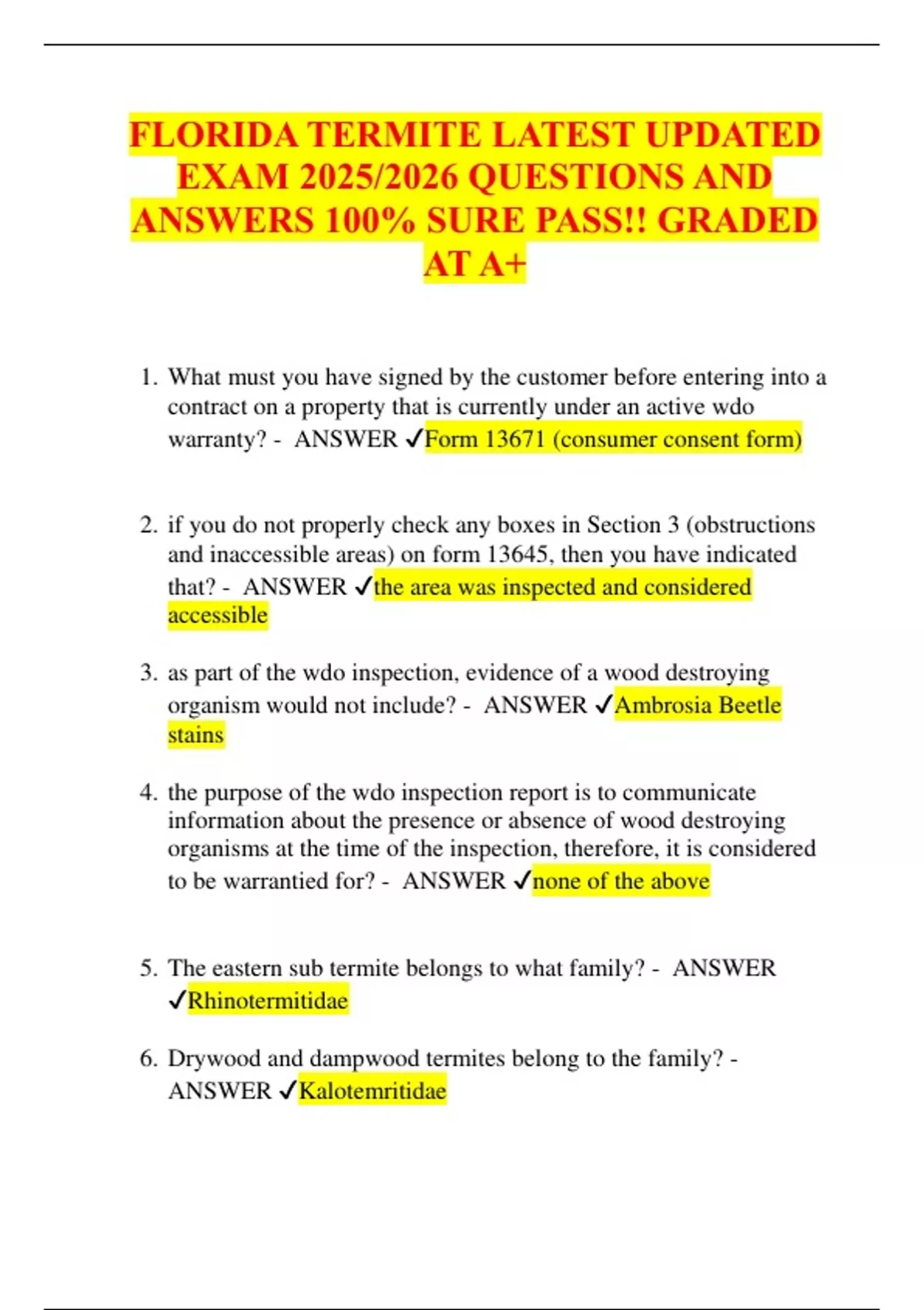 FLORIDA TERMITE LATEST UPDATED EXAM 2025/2026 QUESTIONS AND ANSWERS 100 ...