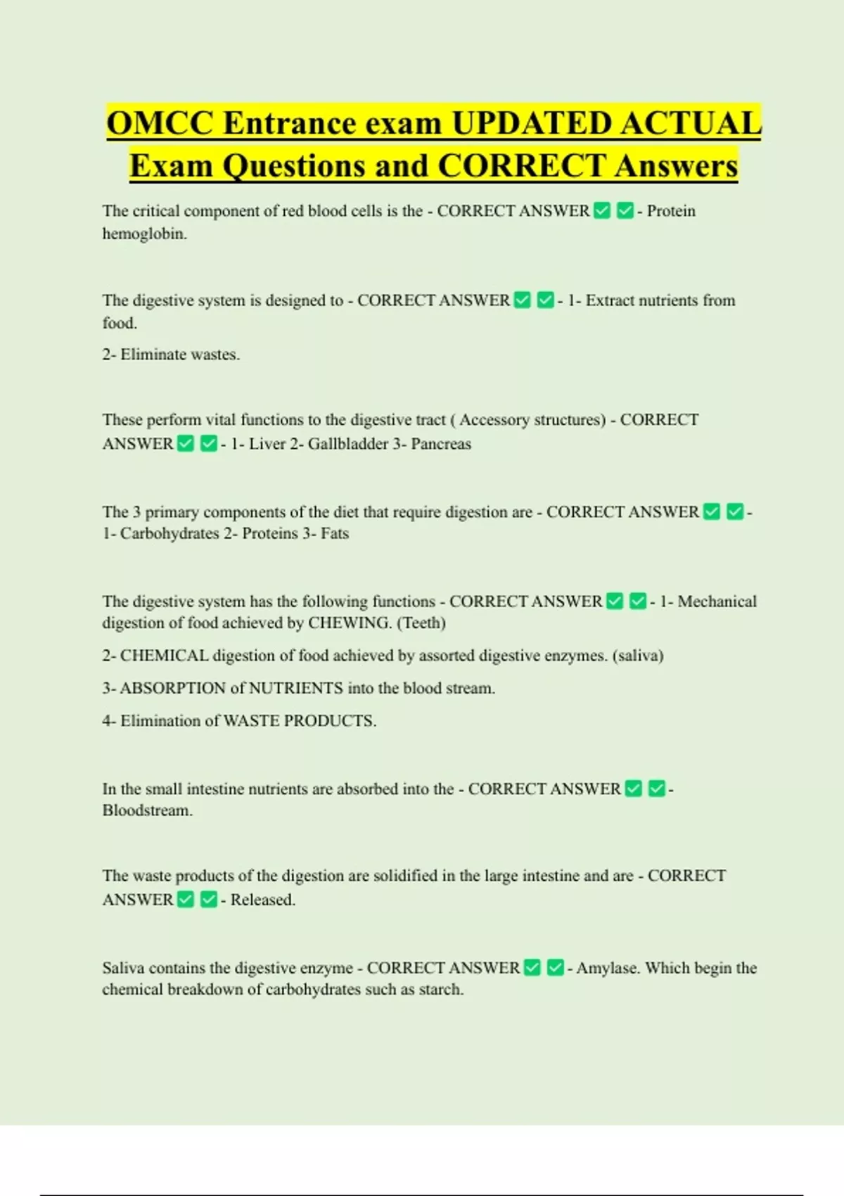 OMCC Entrance exam UPDATED ACTUAL Exam Questions and CORRECT Answers ...