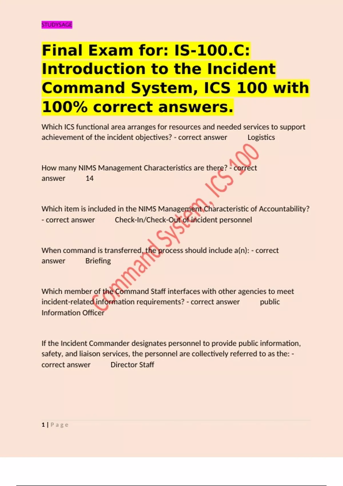 Final Exam for: IS-100.C: Introduction to the Incident Command System ...