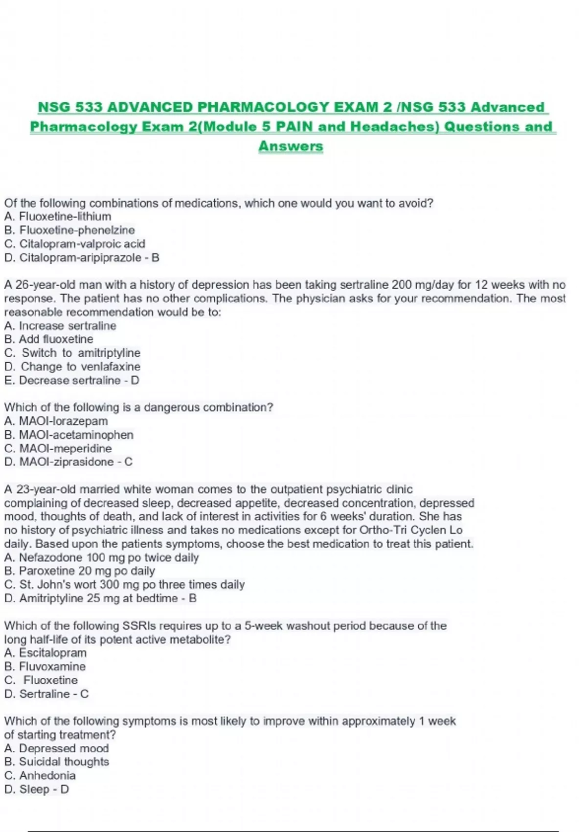NSG 533 ADVANCED PHARMACOLOGY EXAM 2 /NSG 533 Advanced Pharmacology ...