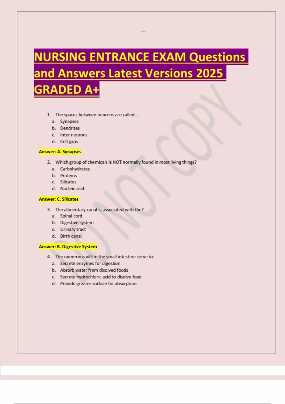 NURSING ENTRANCE EXAM Questions and Answers Latest Versions 2025 GRADED ...