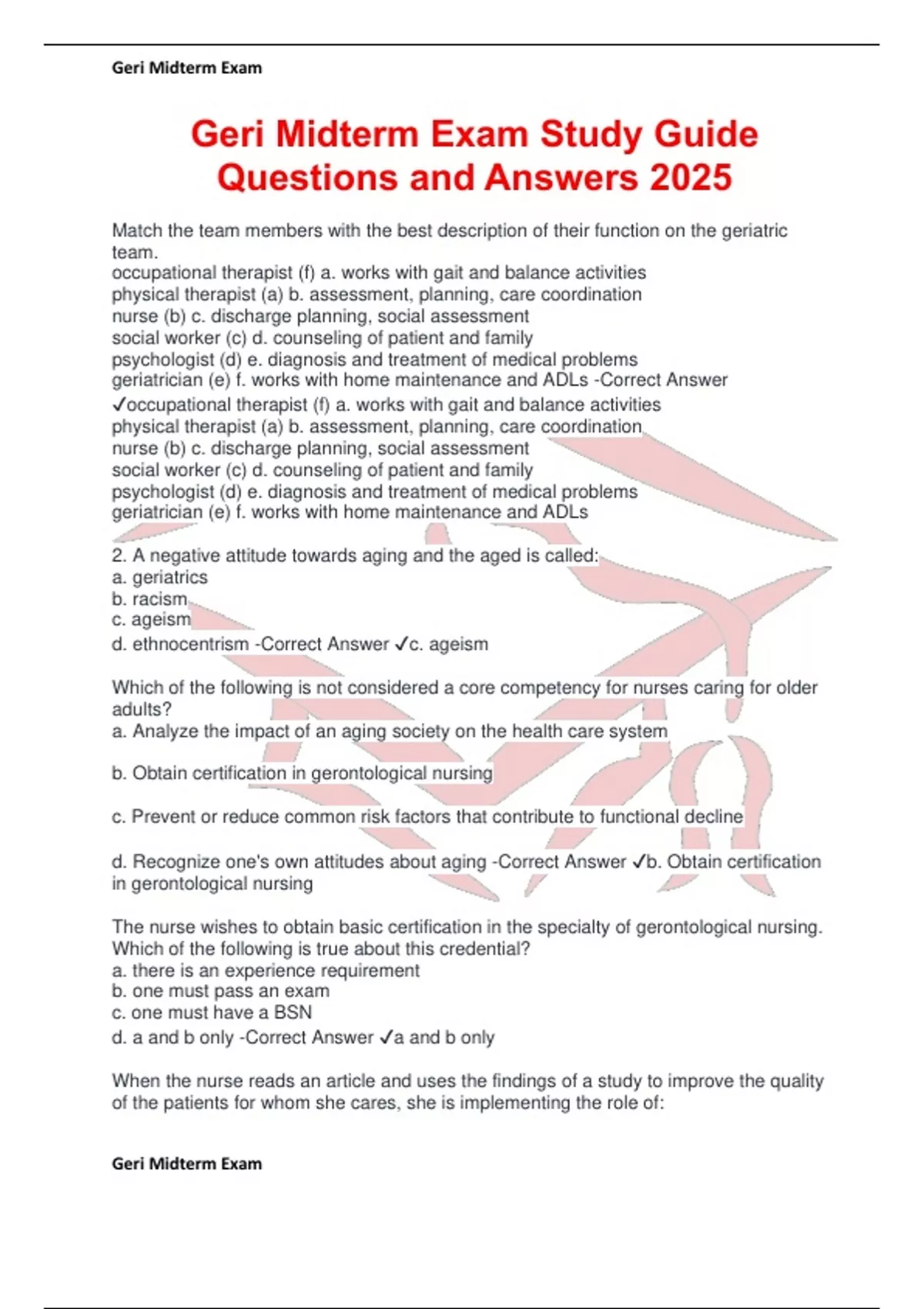 Geri Midterm Exam Study Guide Questions and Answers 2025 - Geri - Stuvia US