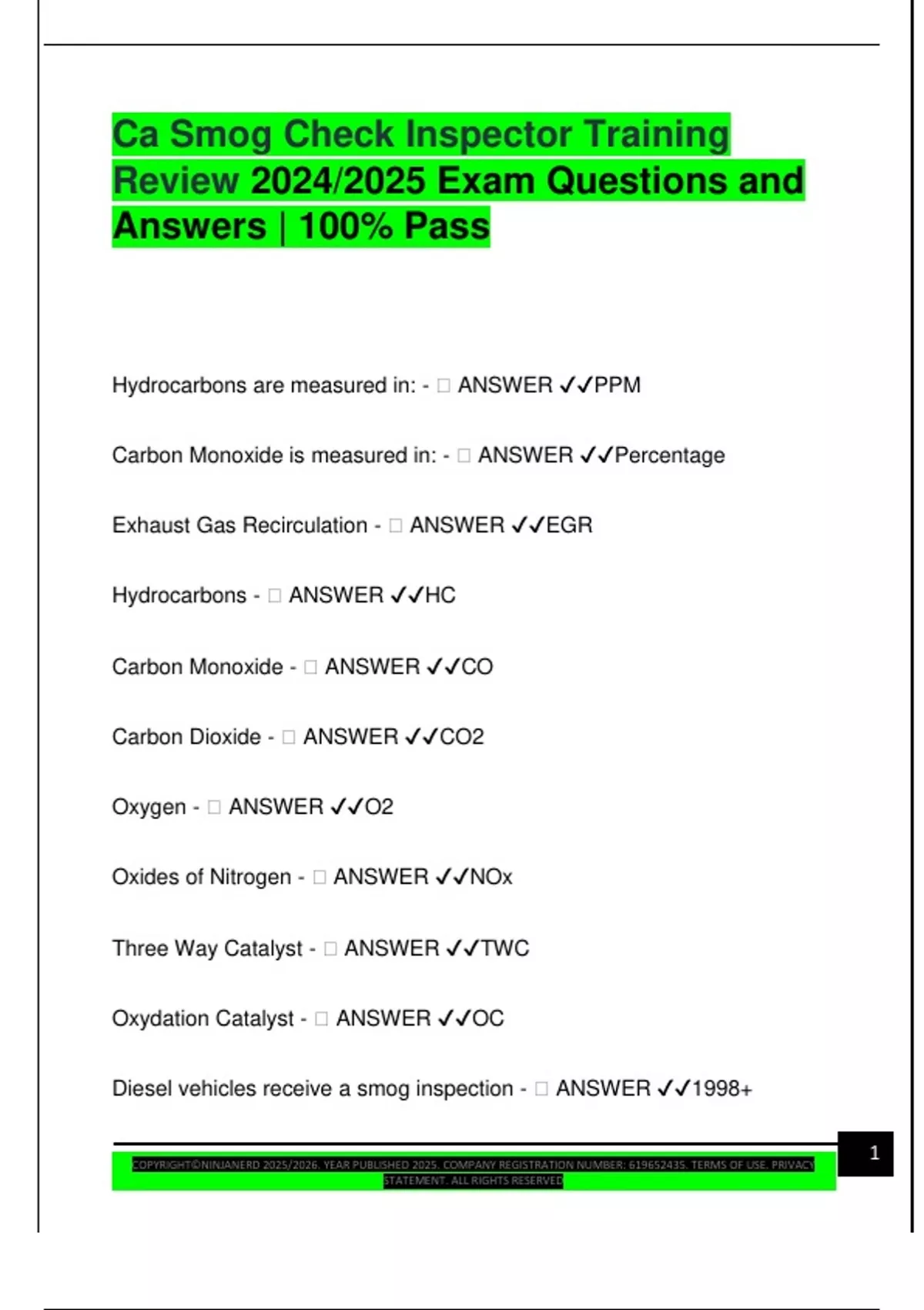 Ca Smog Check Inspector Training Review 2024/2025 Exam Questions and ...