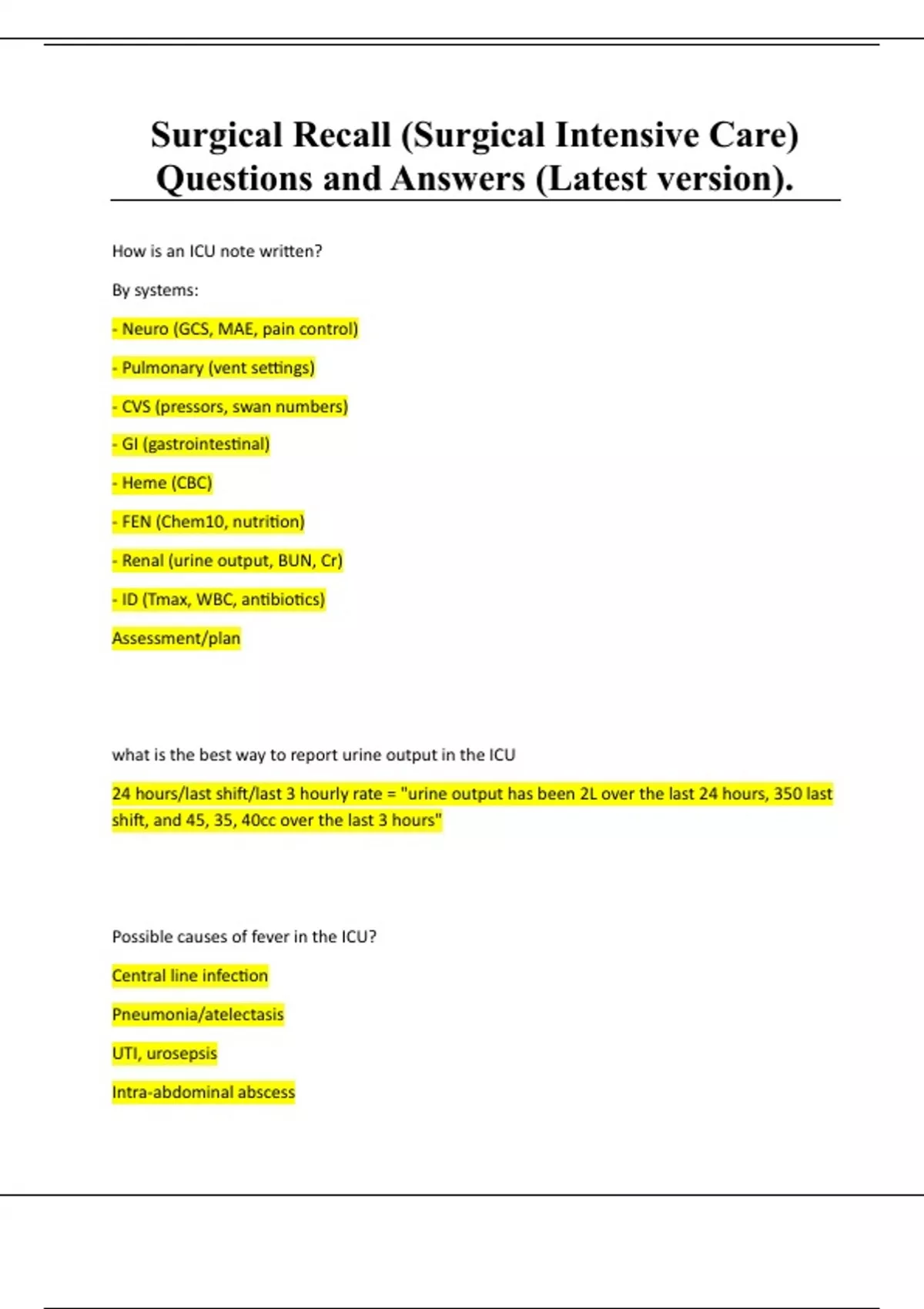 Surgical Recall (Surgical Intensive Care) Questions and Answers (Latest ...