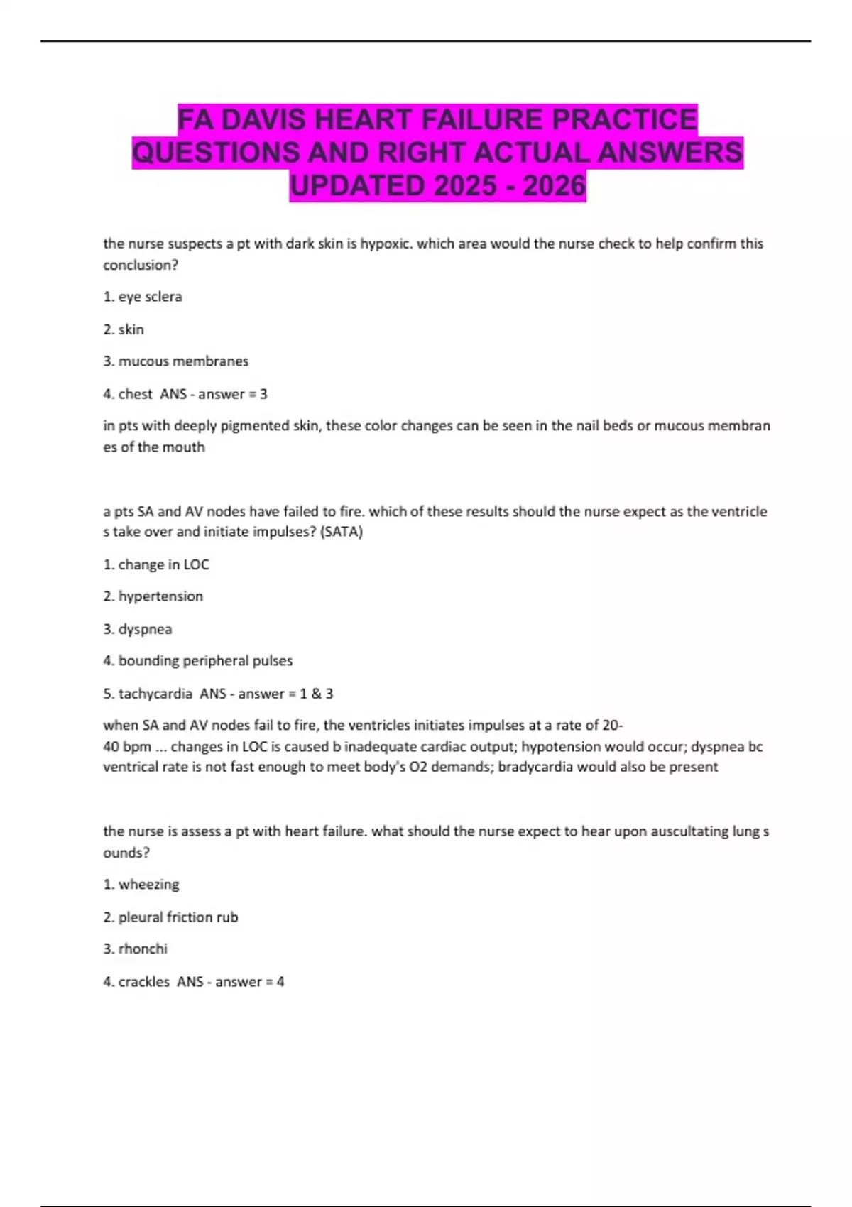 FA DAVIS HEART FAILURE PRACTICE QUESTIONS AND RIGHT ACTUAL ANSWERS ...