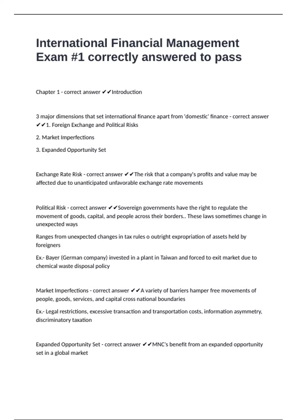 International Financial Management Exam #1 correctly answered to pass ...