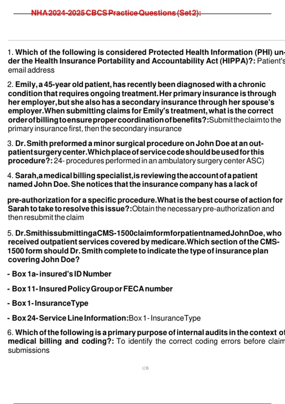 NHA CBCS Practice Questions (Set 2). - NHA Billing and Coding ...