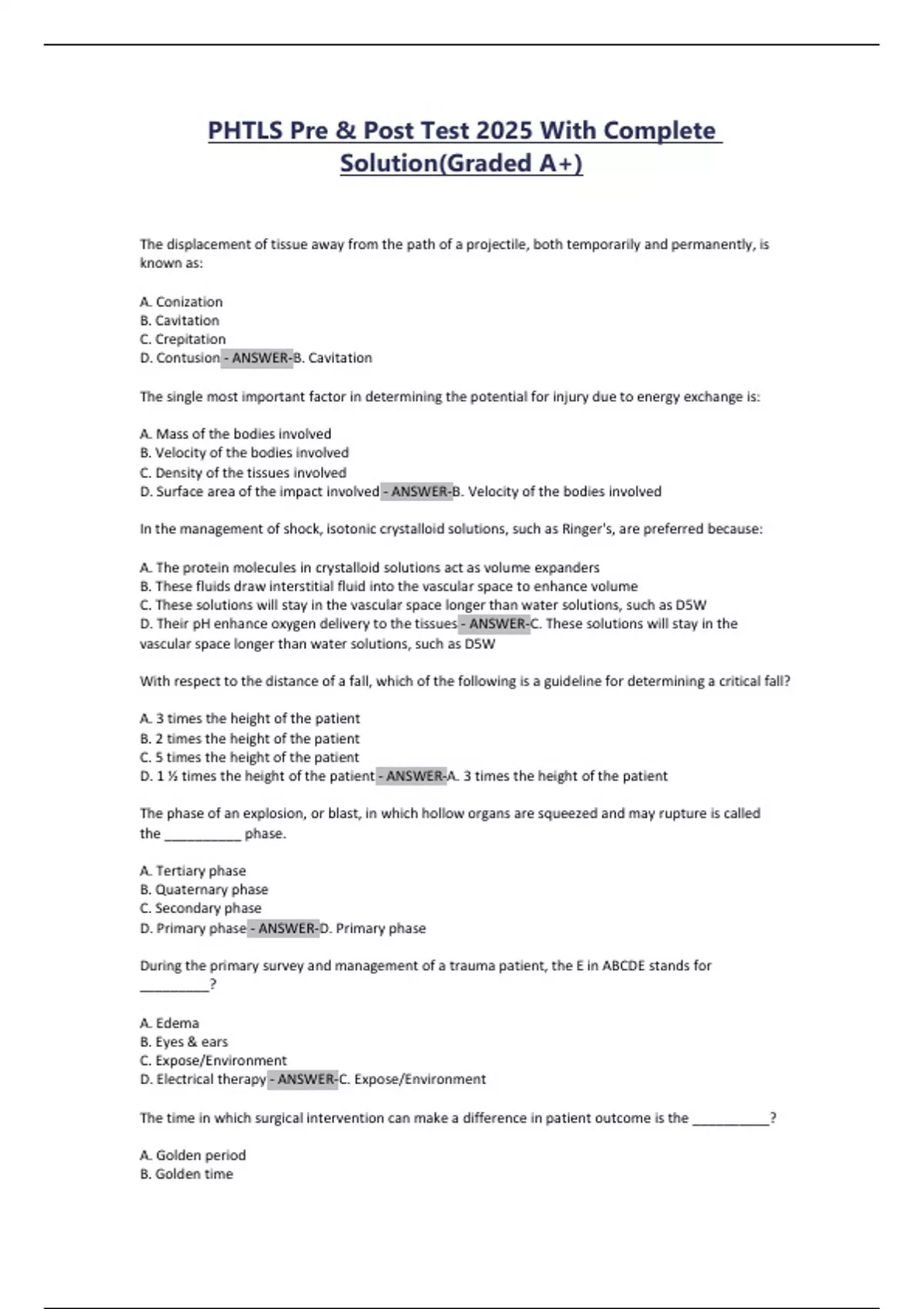 PHTLS- Post Test, 8th Edition 2025 with complete solution - Phtls ...