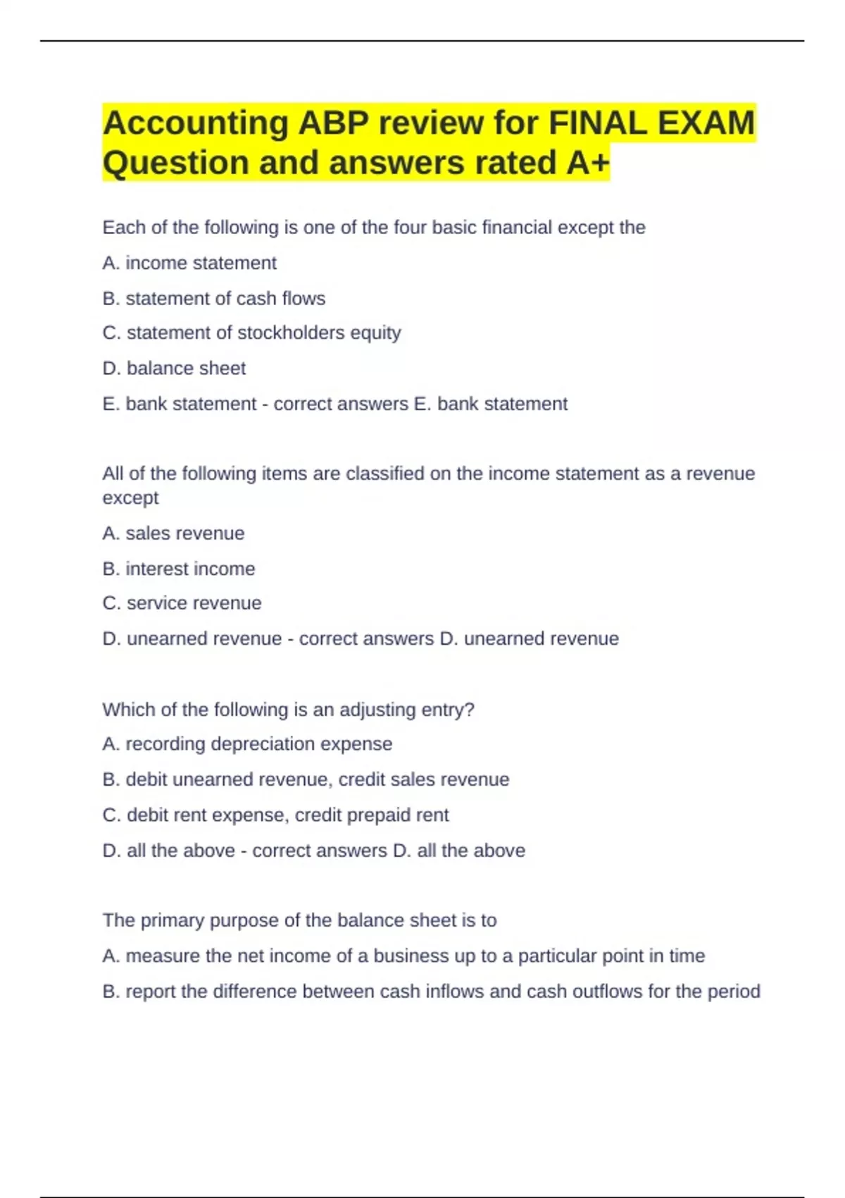 Accounting ABP review for FINAL EXAM Question and answers rated A+ ...