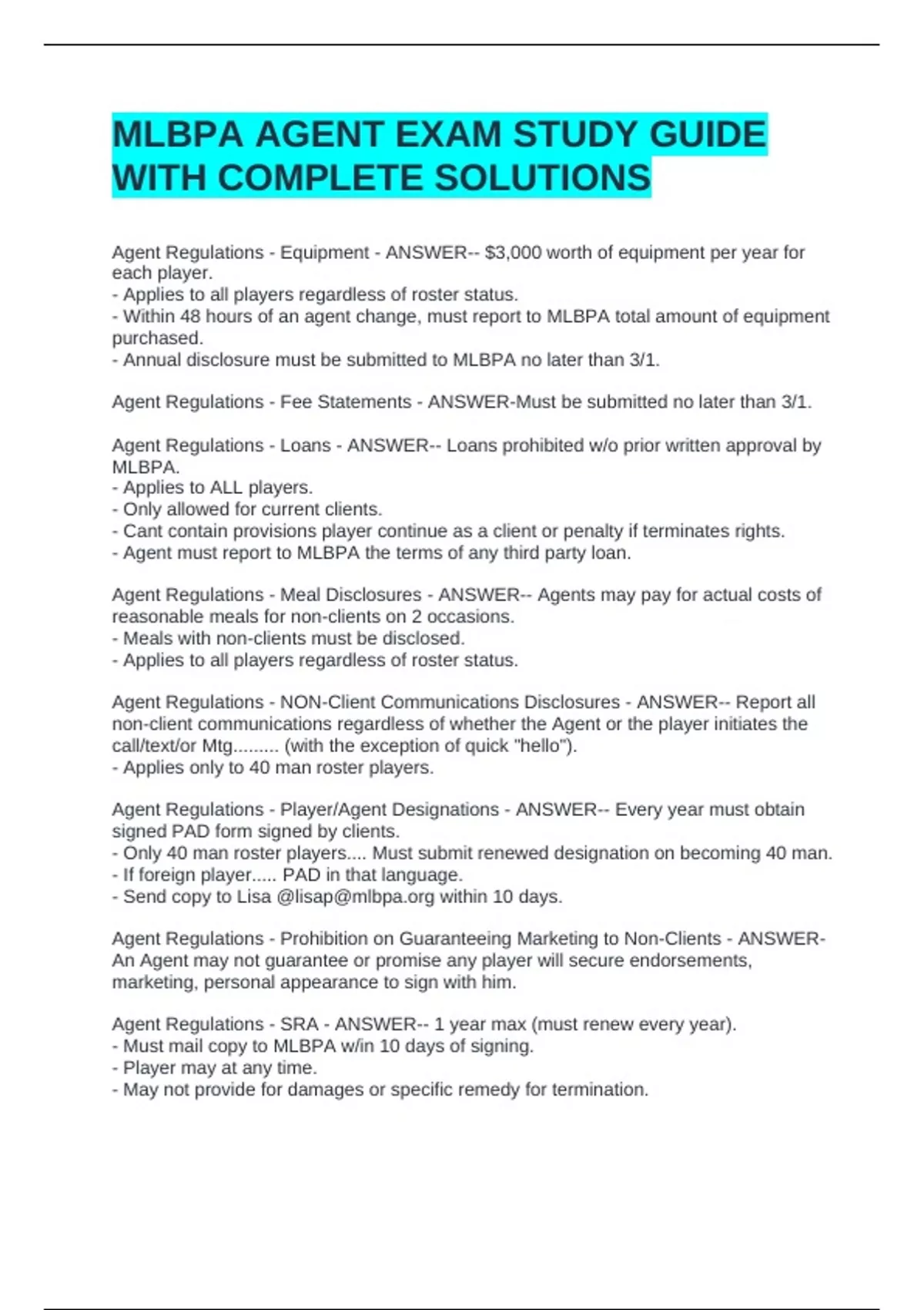 MLBPA AGENT EXAM STUDY GUIDE WITH COMPLETE SOLUTIONS - MLBPA - Stuvia US